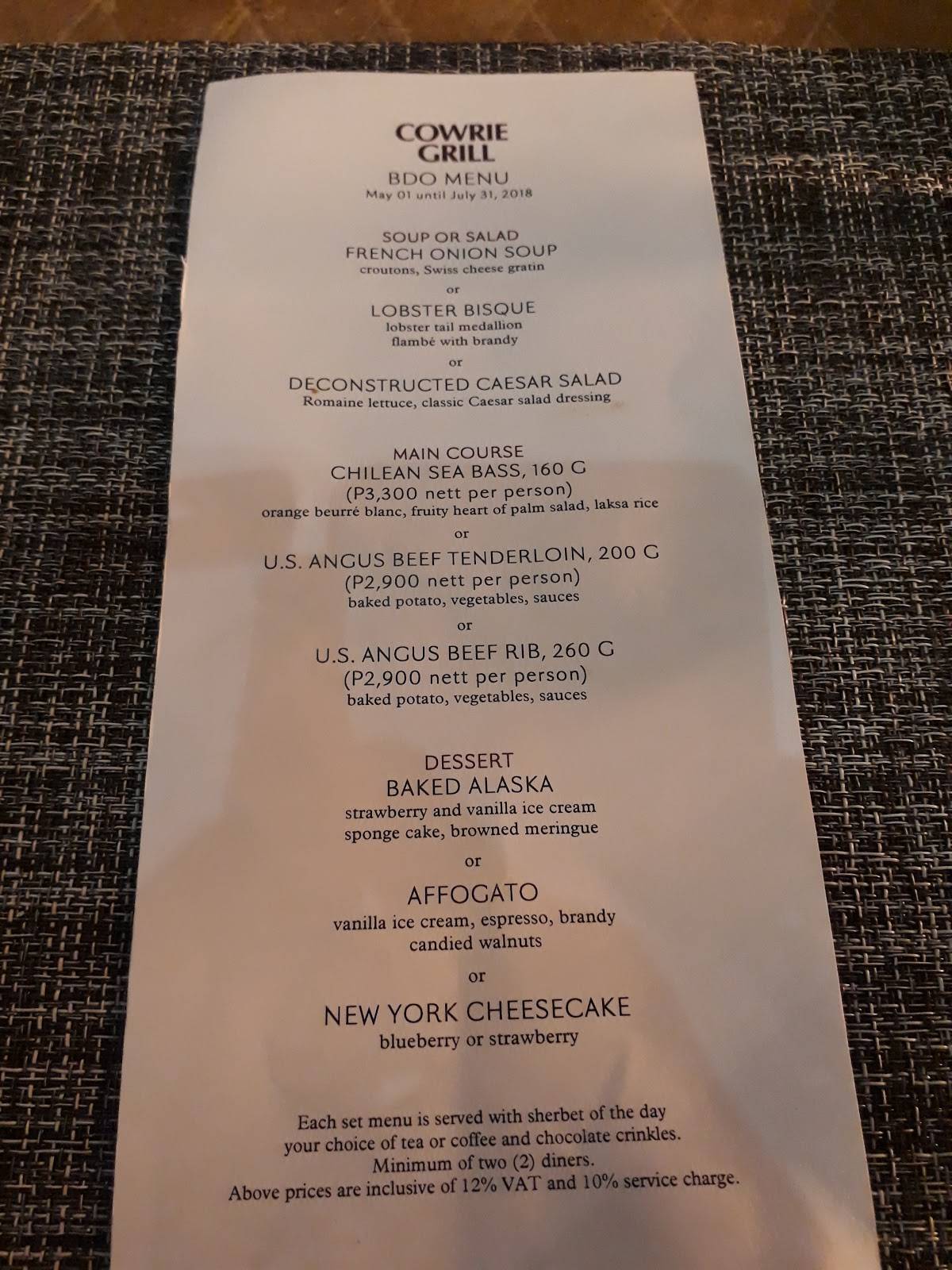 Menu at Cowrie Grill - Greenhills Shopping Center steakhouse, San Juan ...