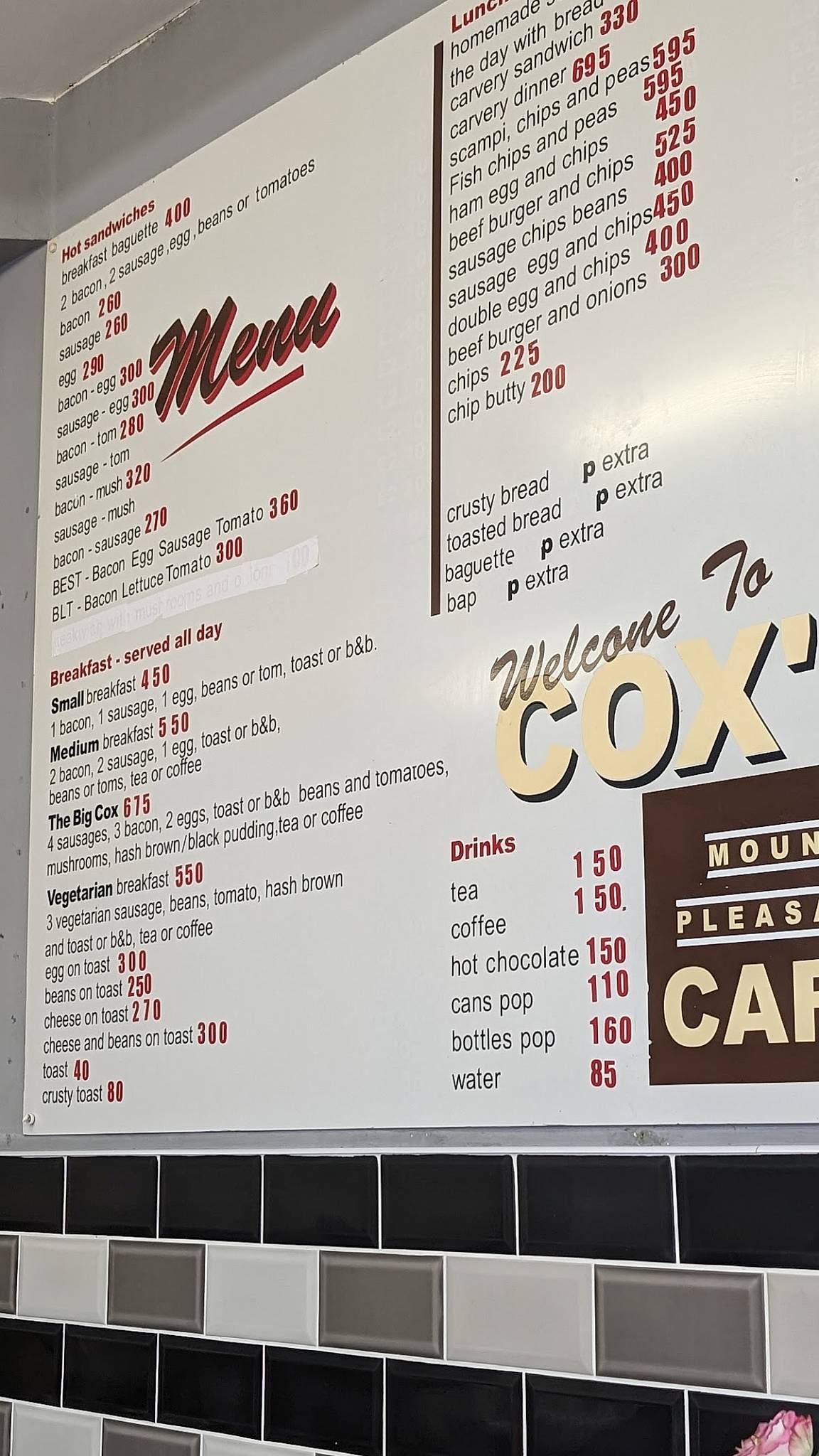 Menu at Cox's cafe, Bilston, Bilston