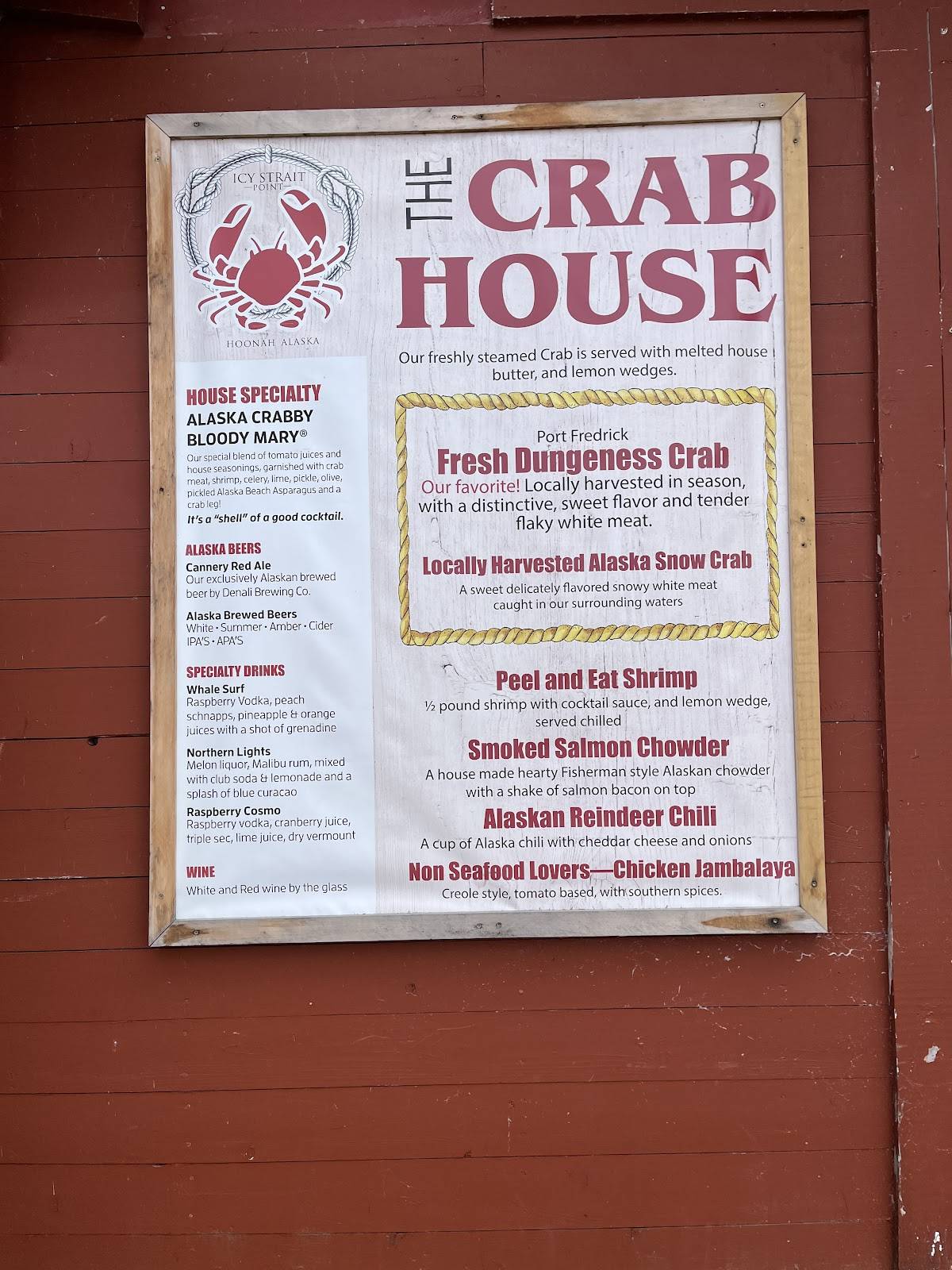 Menu at Crab House restaurant, Hoonah, 108 Cannery Rd