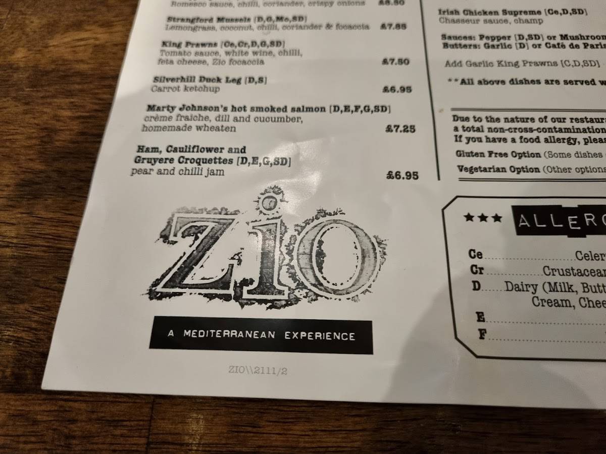 Menu at Zio restaurant, Portadown