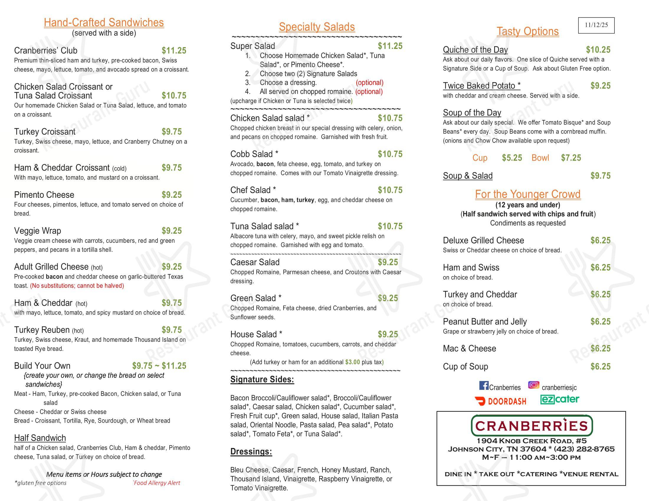 Menu at Cranberries cafe, Johnson City, Knob Creek Rd #5