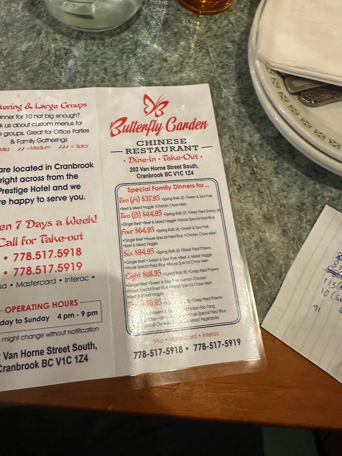 Menu au Butterfly Garden restaurant, Cranbrook