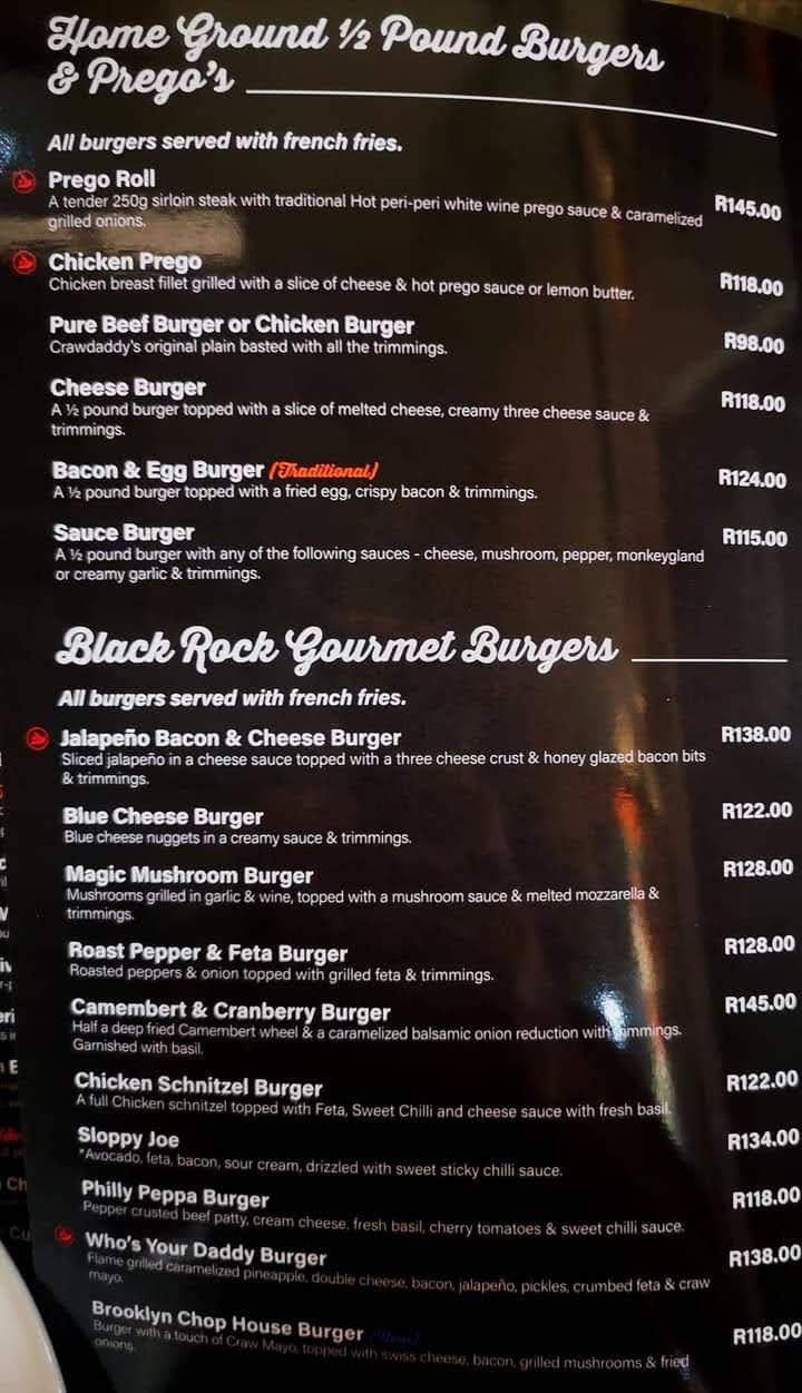 Menu at Crawdaddy's (Good Food & Pub Co.) Secunda, Trichardt