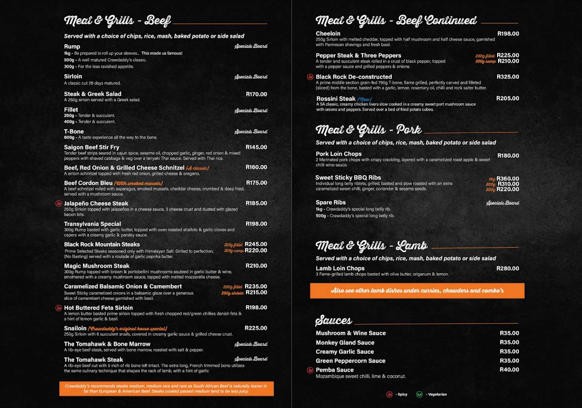 Menu at Crawdaddy's Pub & Co., Centurion, Ease Centre