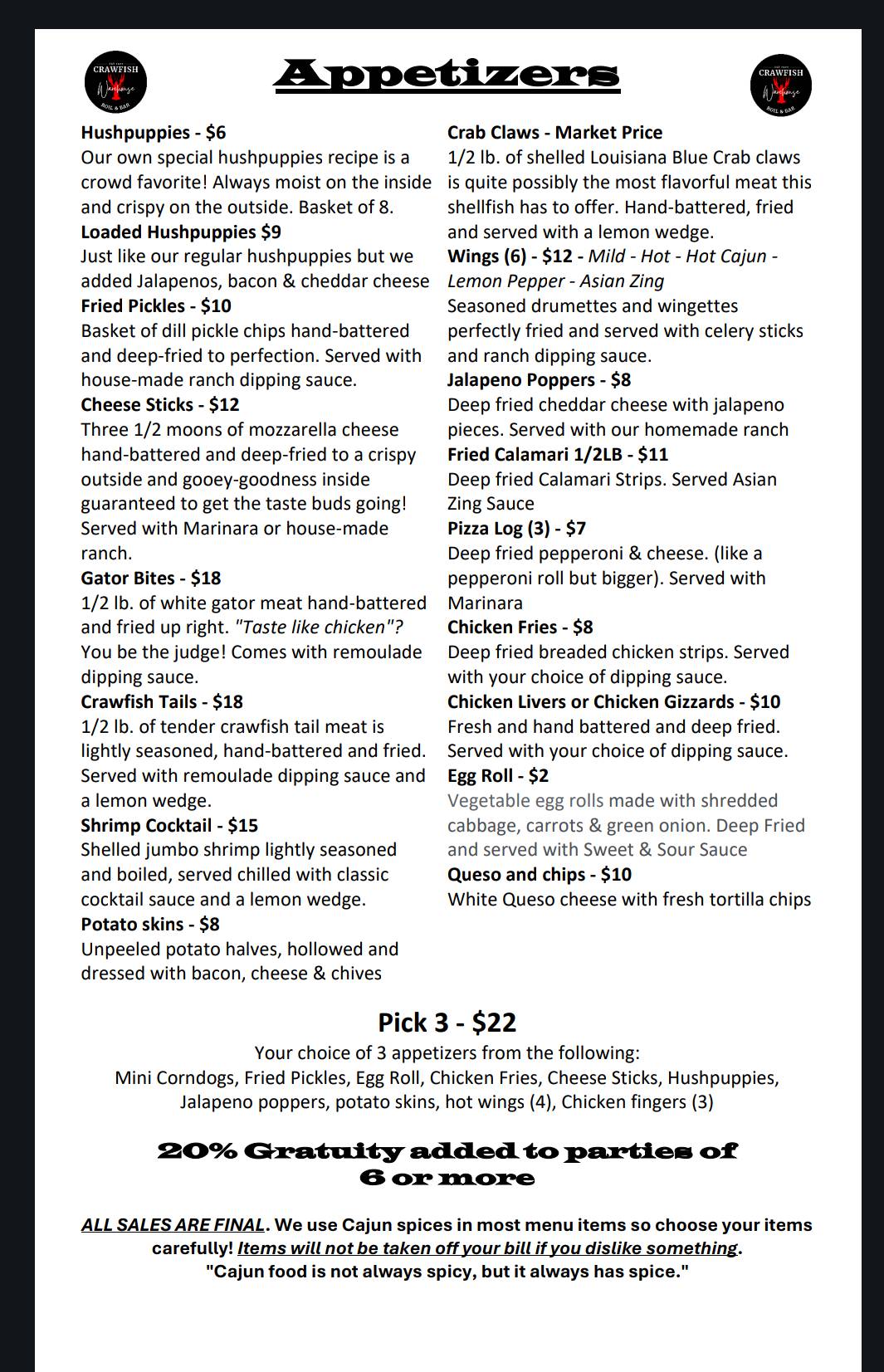 Menu at Crawfish Warehouse restaurant, Jasper
