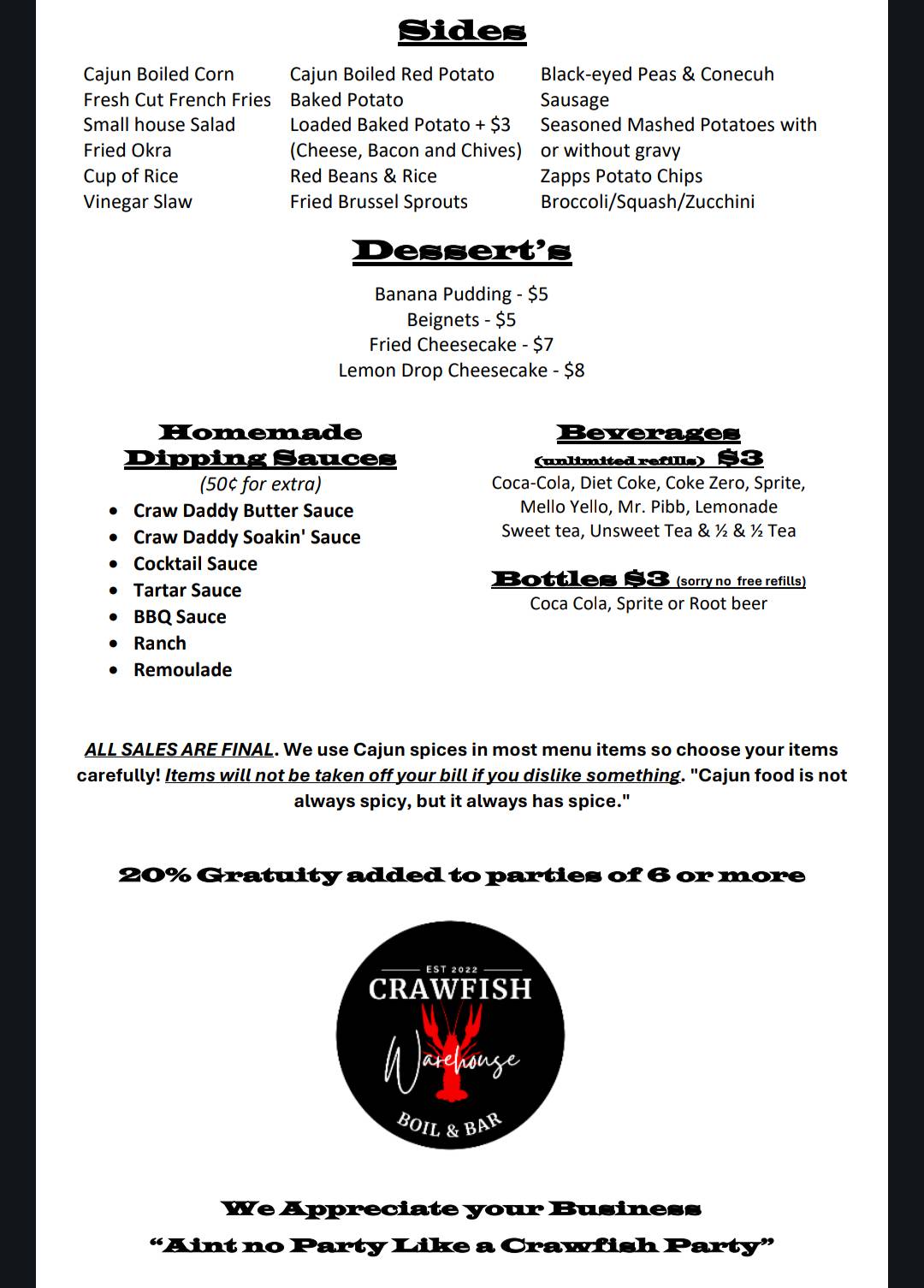 Menu at Crawfish Warehouse restaurant, Jasper