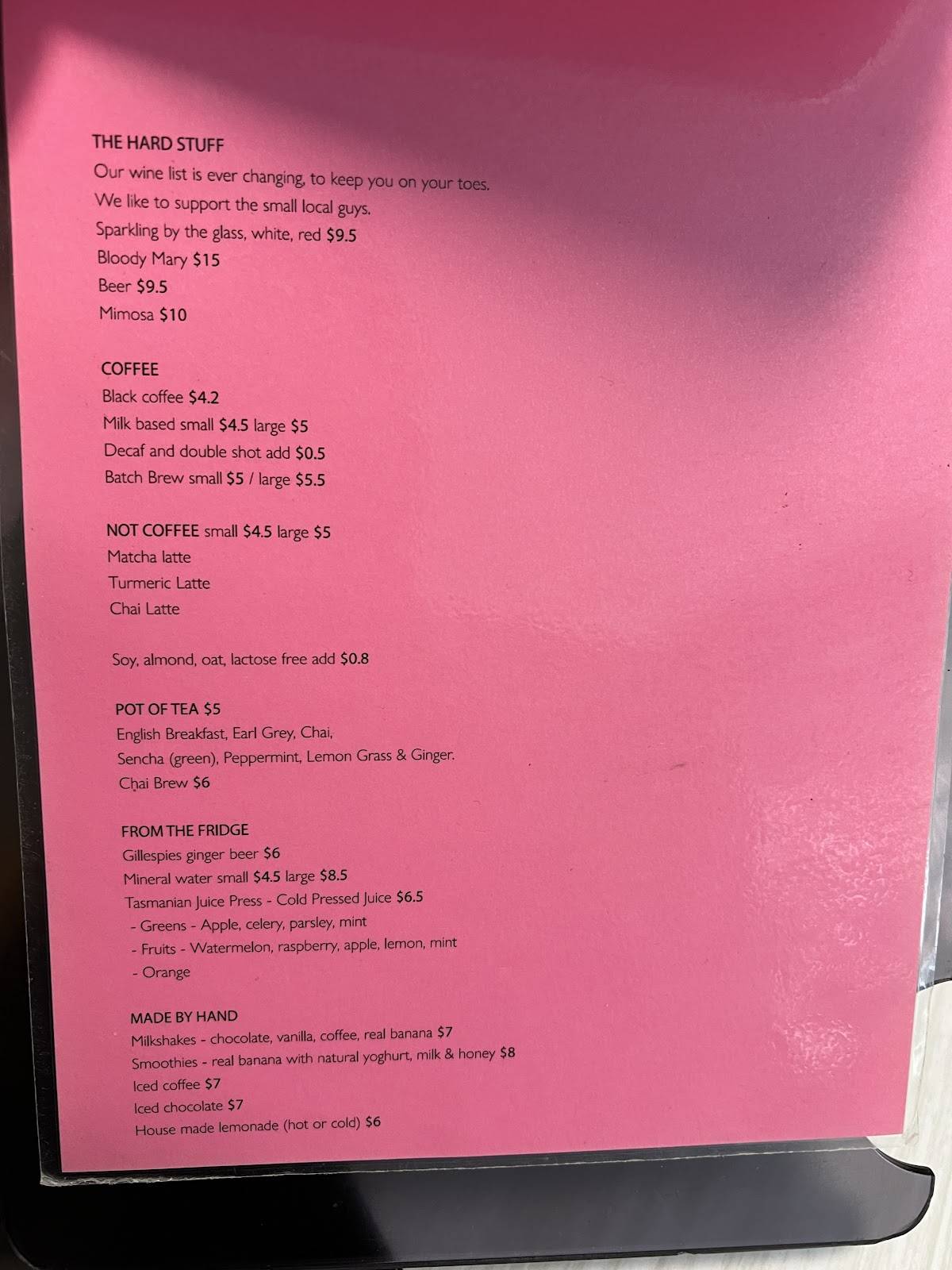 Menu at Criterion Street Cafe, Hobart