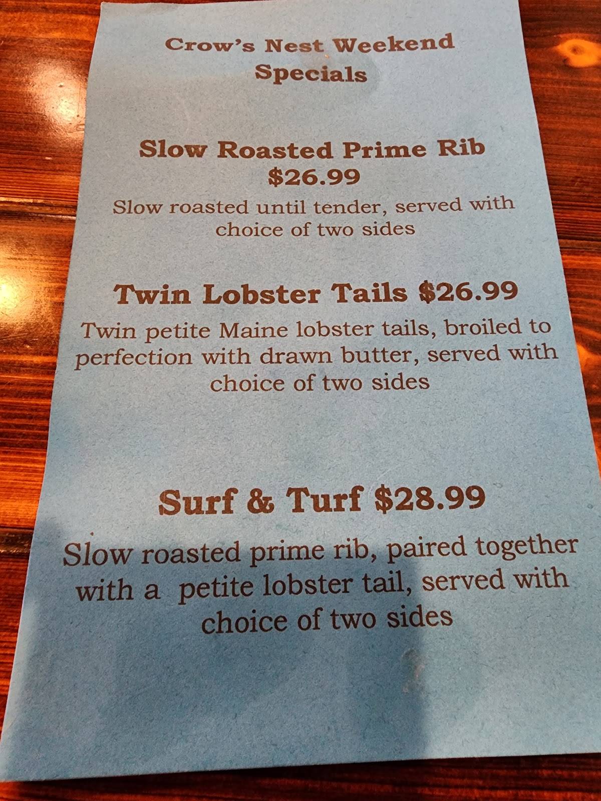 Menu at Crow's Nest restaurant, Lakeside Marblehead
