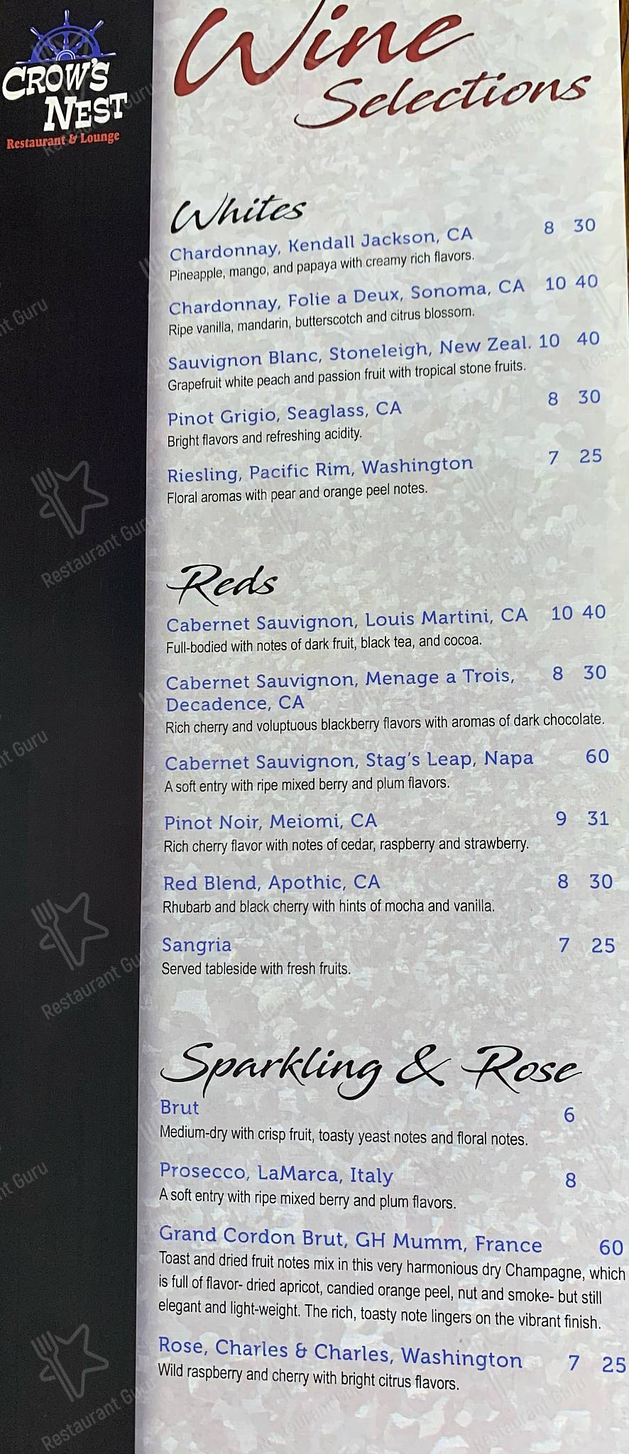 Menu at Crow's Nest restaurant, Lakeside Marblehead