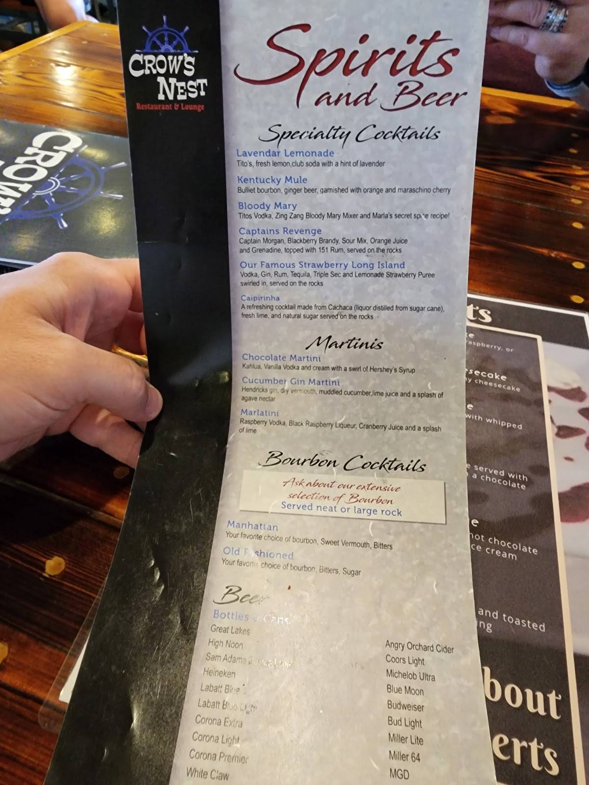 Menu at Crow's Nest restaurant, Lakeside Marblehead