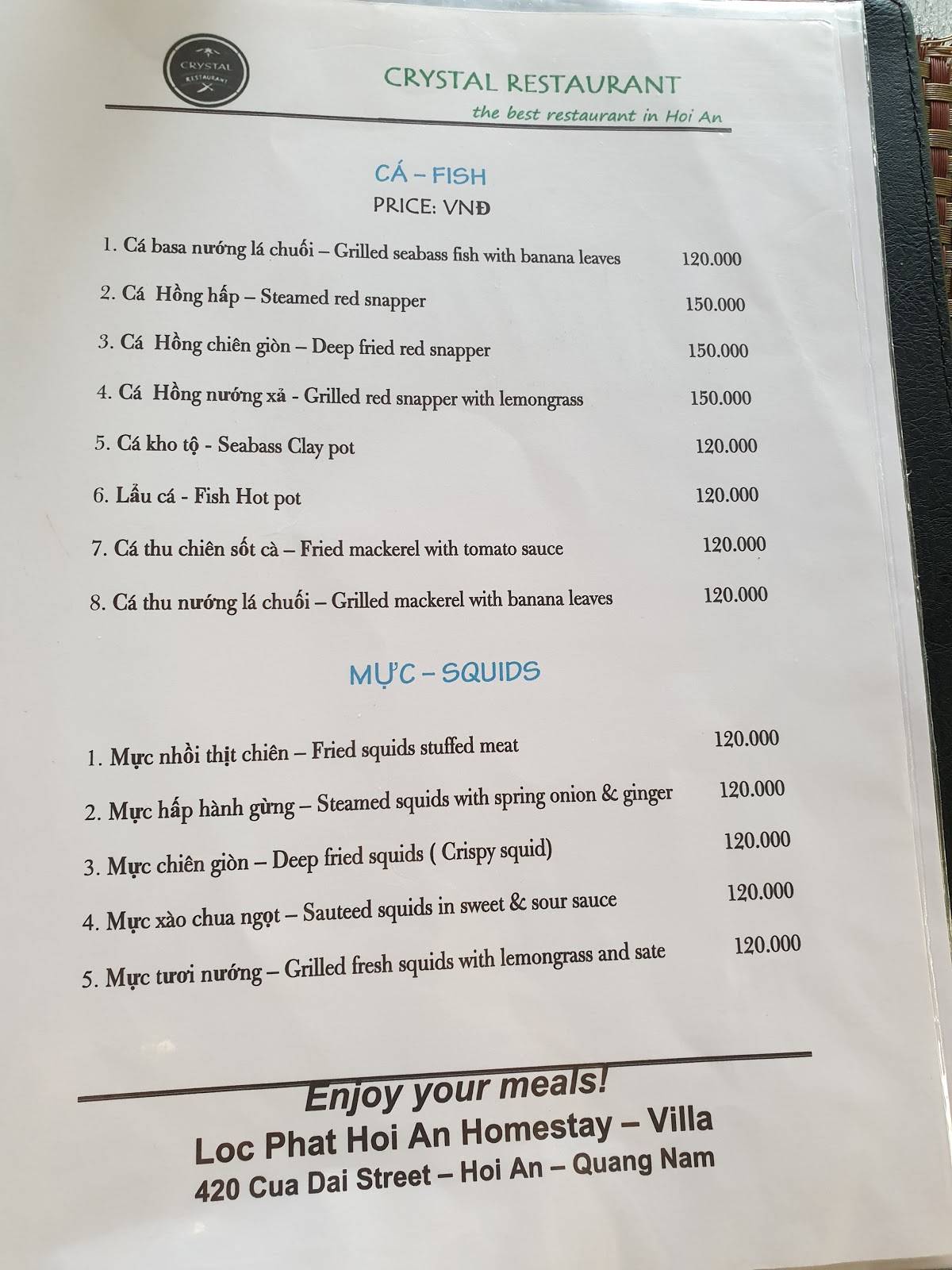 Menu at Crystal Restaurant, Hoi An
