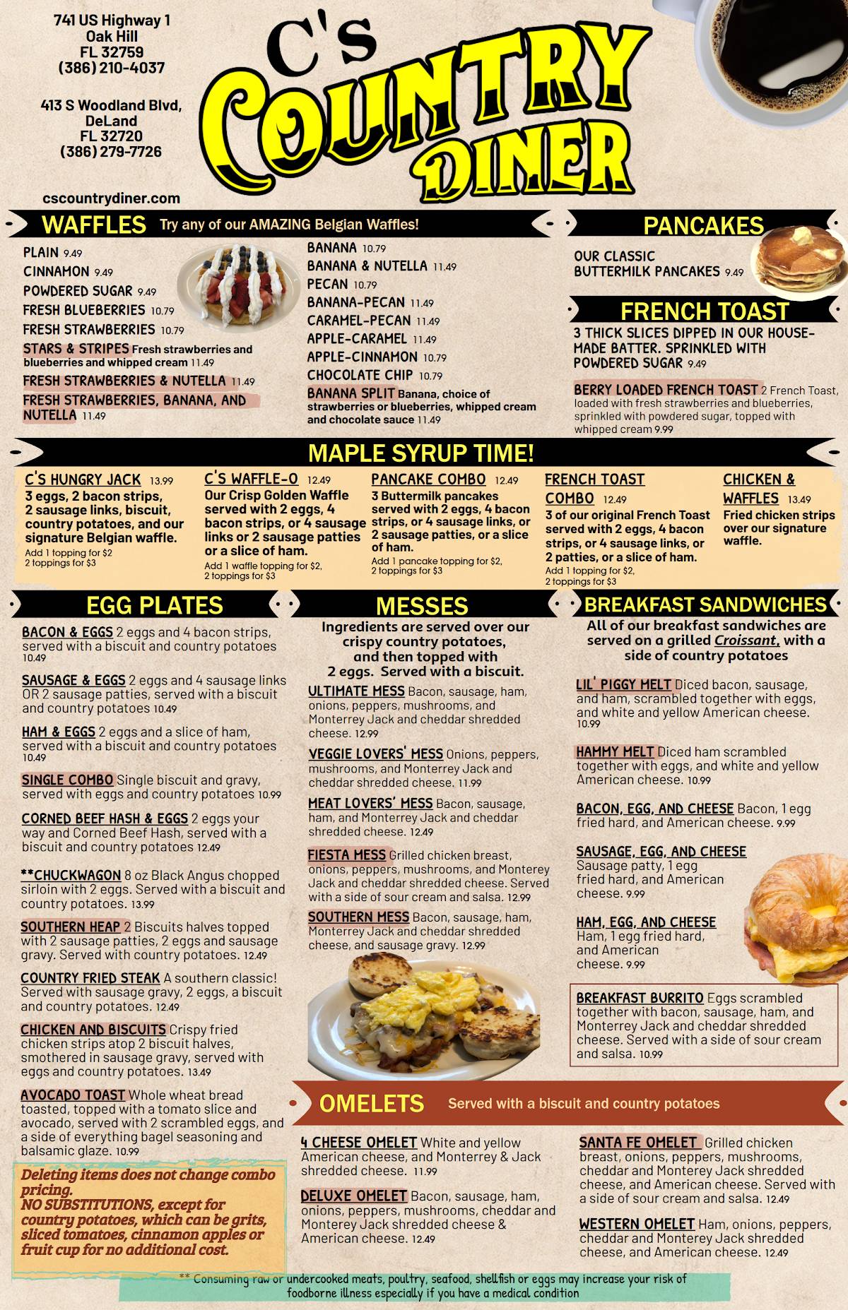 Menu at C's Country Diner (Oak Hill) restaurant, Oak Hill