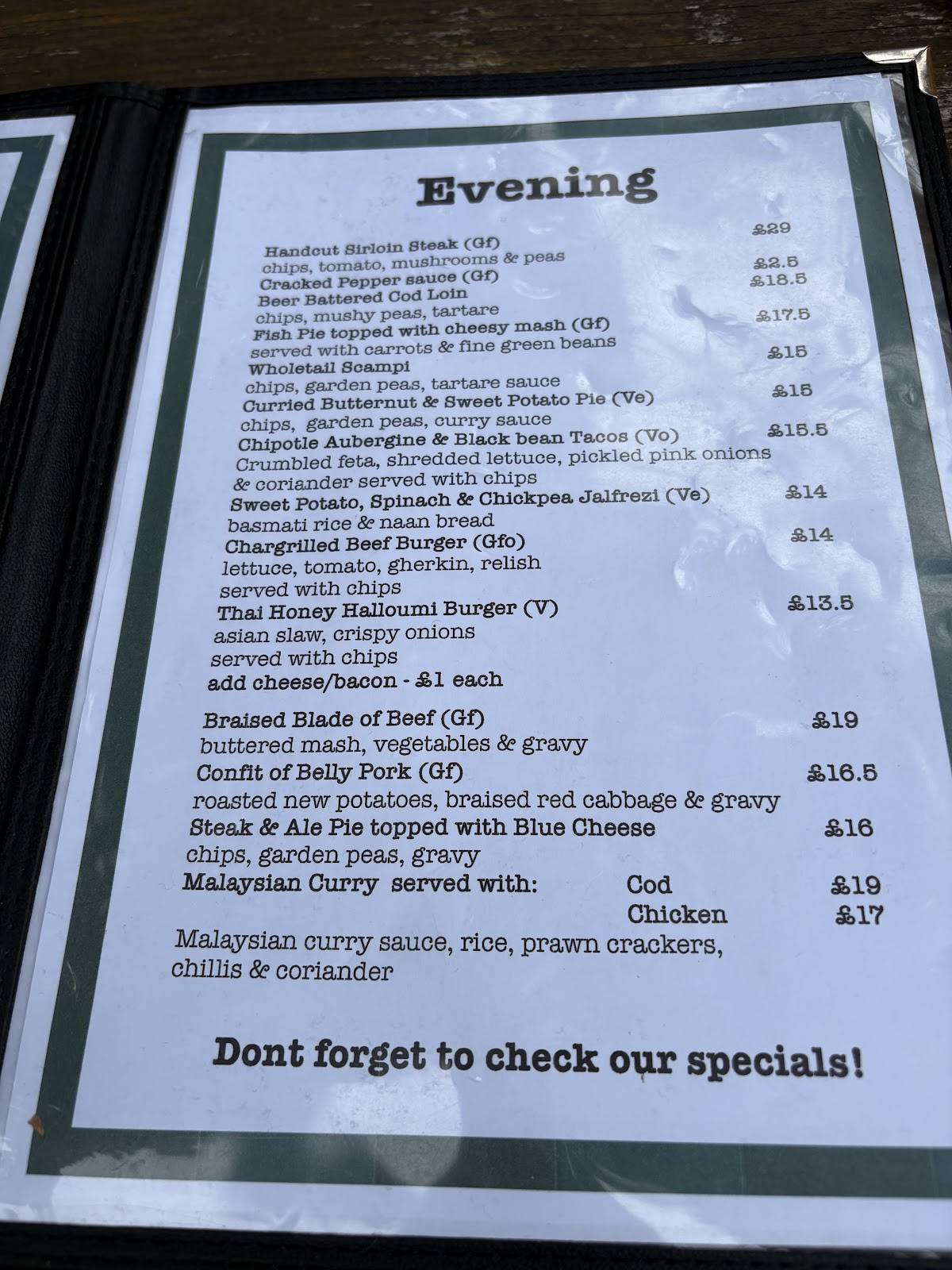 Menu at Smugglers Den Inn pub & bar, Newquay