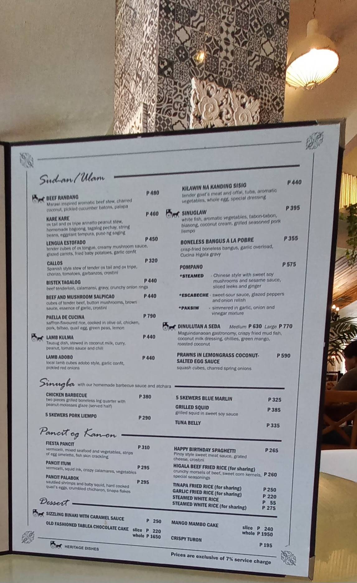 Menu at Cucina Higala restaurant, Cagayan de Oro
