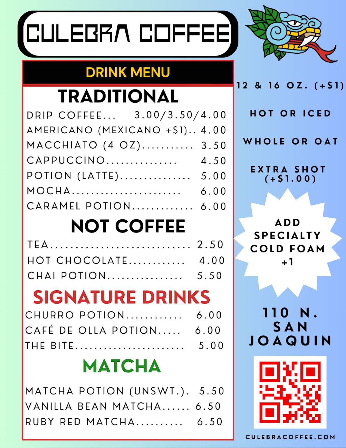 Menu at Culebra Coffee cafe, Stockton