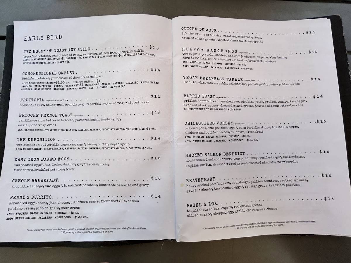 Menu at Cup Cafe, Tucson