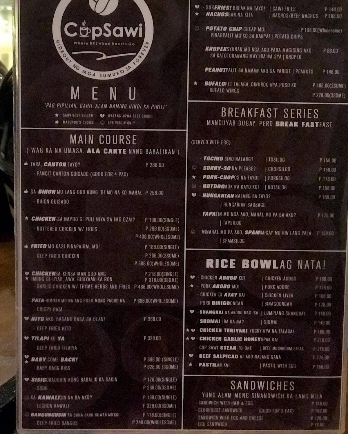 Carta de Cup Sawi Cafe, Dávao, Veloso St
