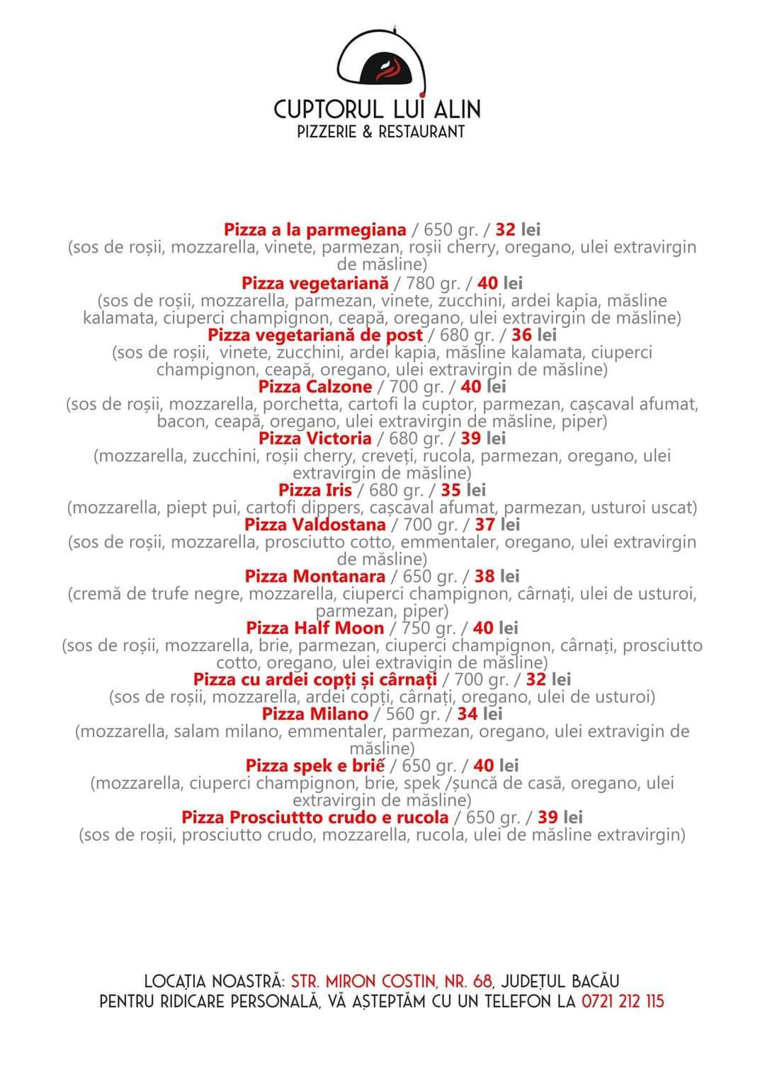 Menu at Cuptorul lui Alin, Bacău