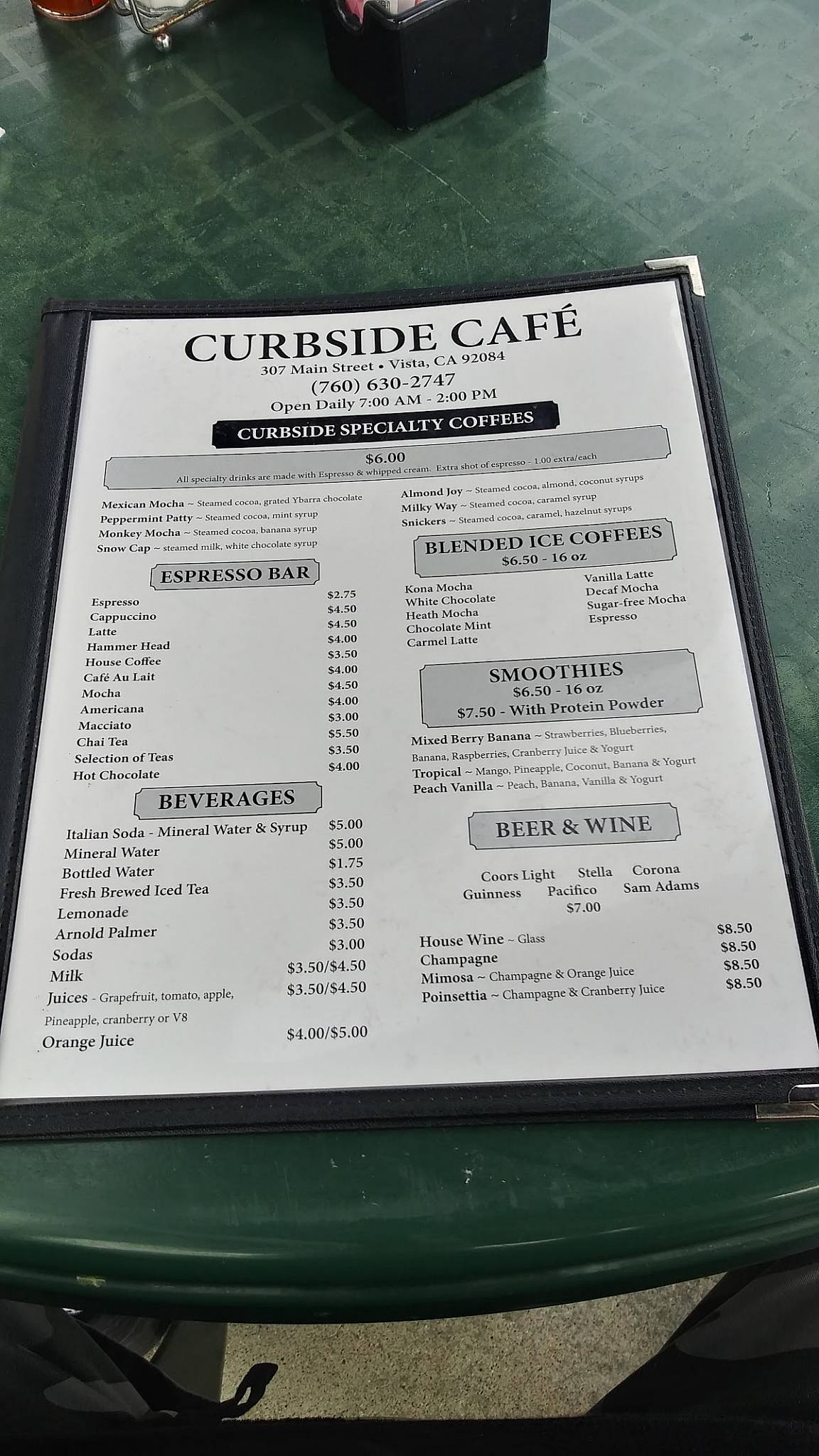 Menu at Curbside Cafe, Vista, 307 Main St