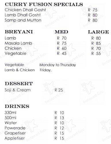 Menu at Curry Fusion restaurant, Sandton, Shop No 2