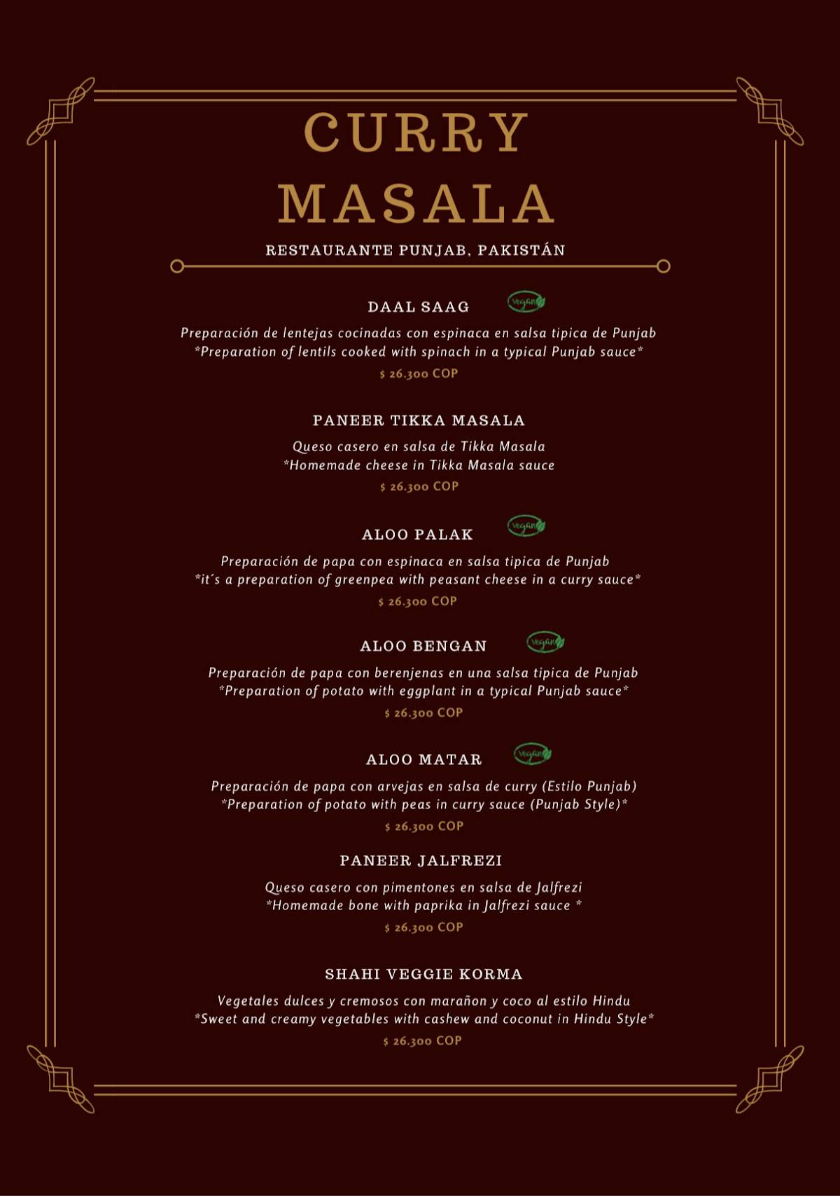 Carta del restaurante Curry Masala, Bogotá, Cra. 24 # 39a 44