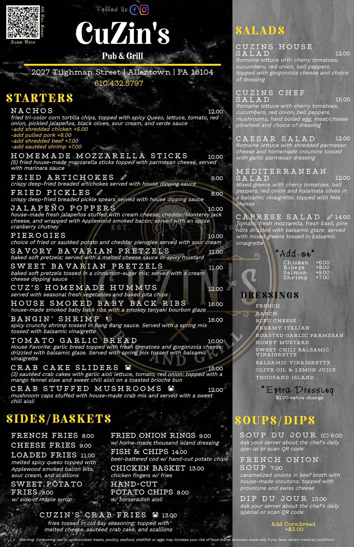 Menu at Cuzin’s Pub & Grill, Allentown