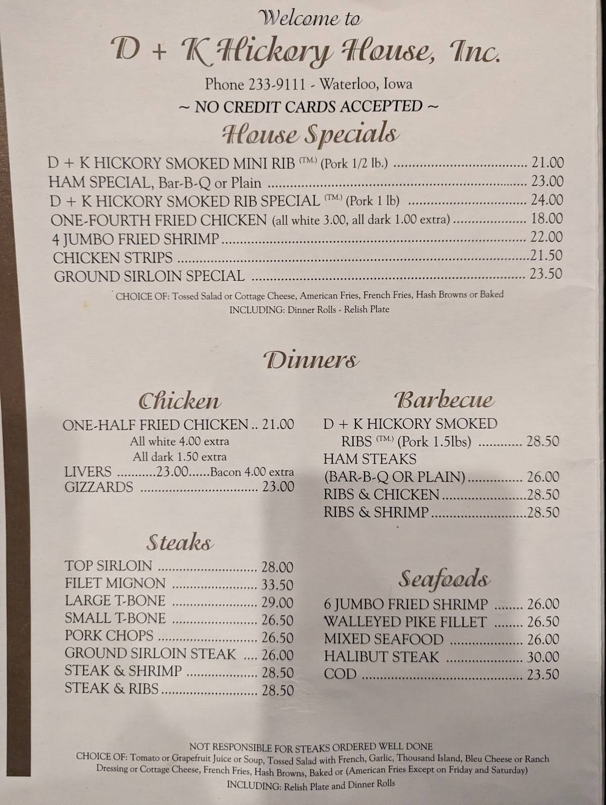 Menu at D & K Hickory House Restaurant, Waterloo