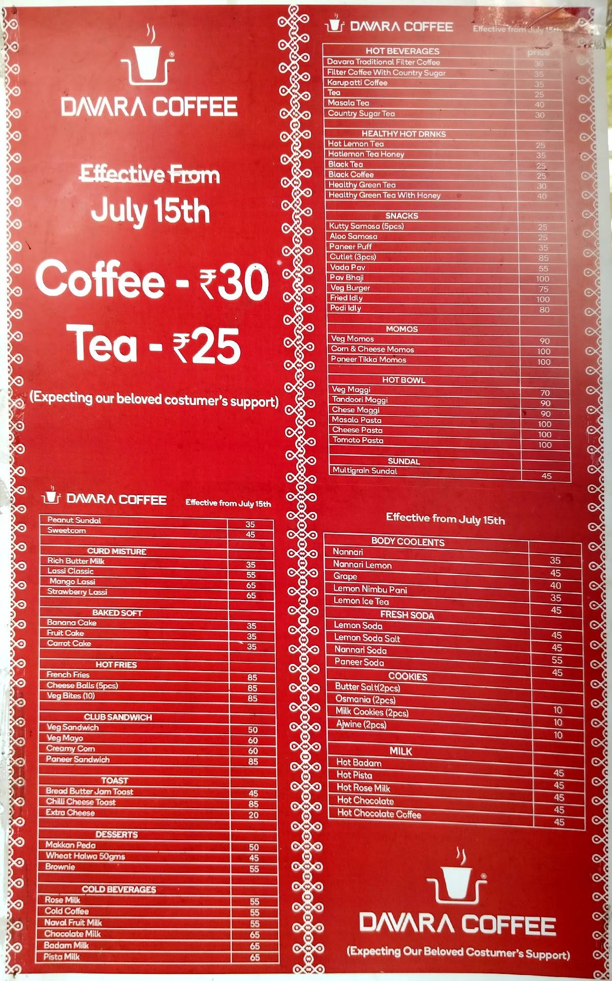 Menu at DAVARA COFFEE, Chennai, 21