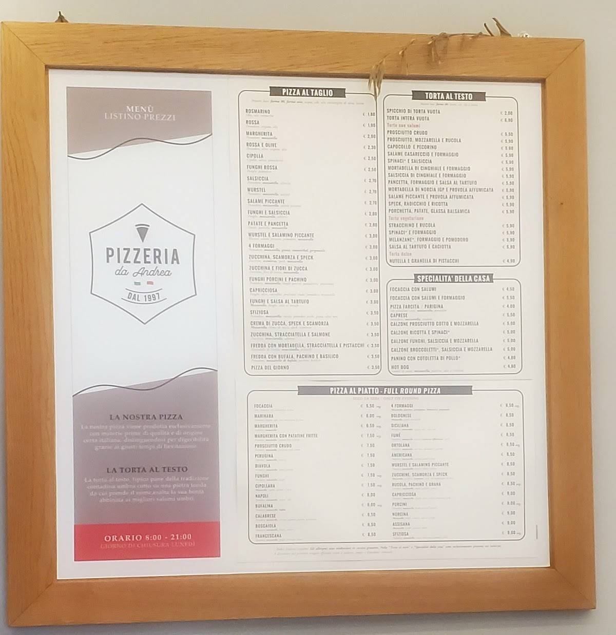 Menu da Da Andrea pizzeria, Assisi
