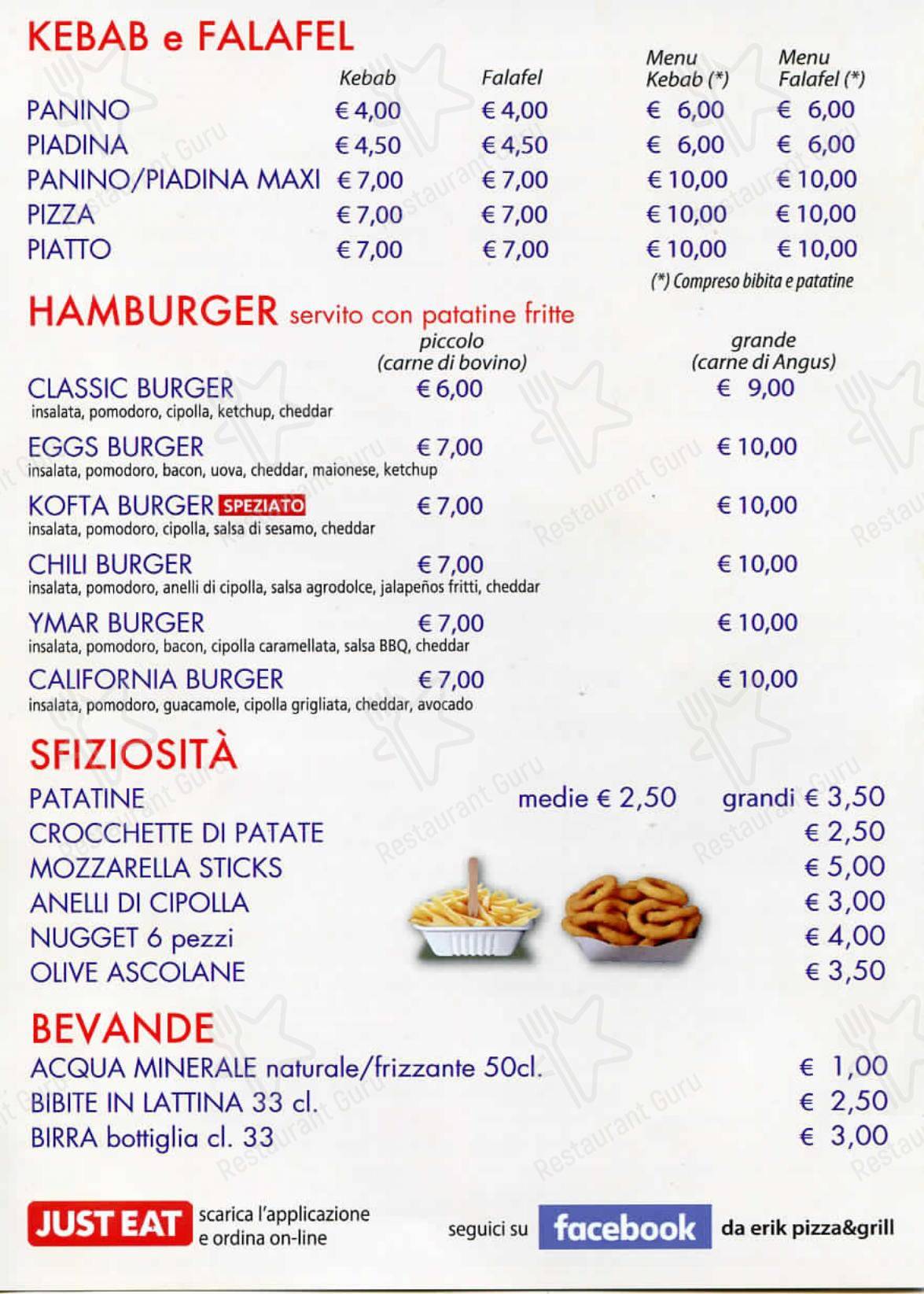 Menu au Da Erik Pizza e Grill restaurant, Saltrio