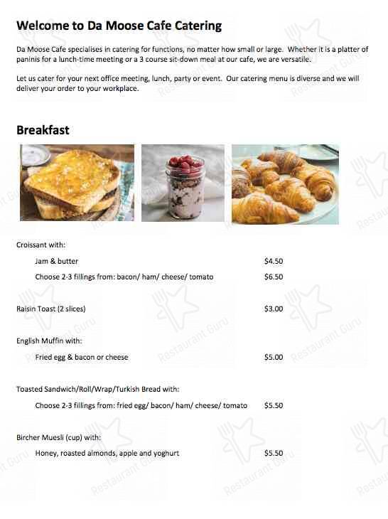 Menu at Da Moose Cafe, Altona