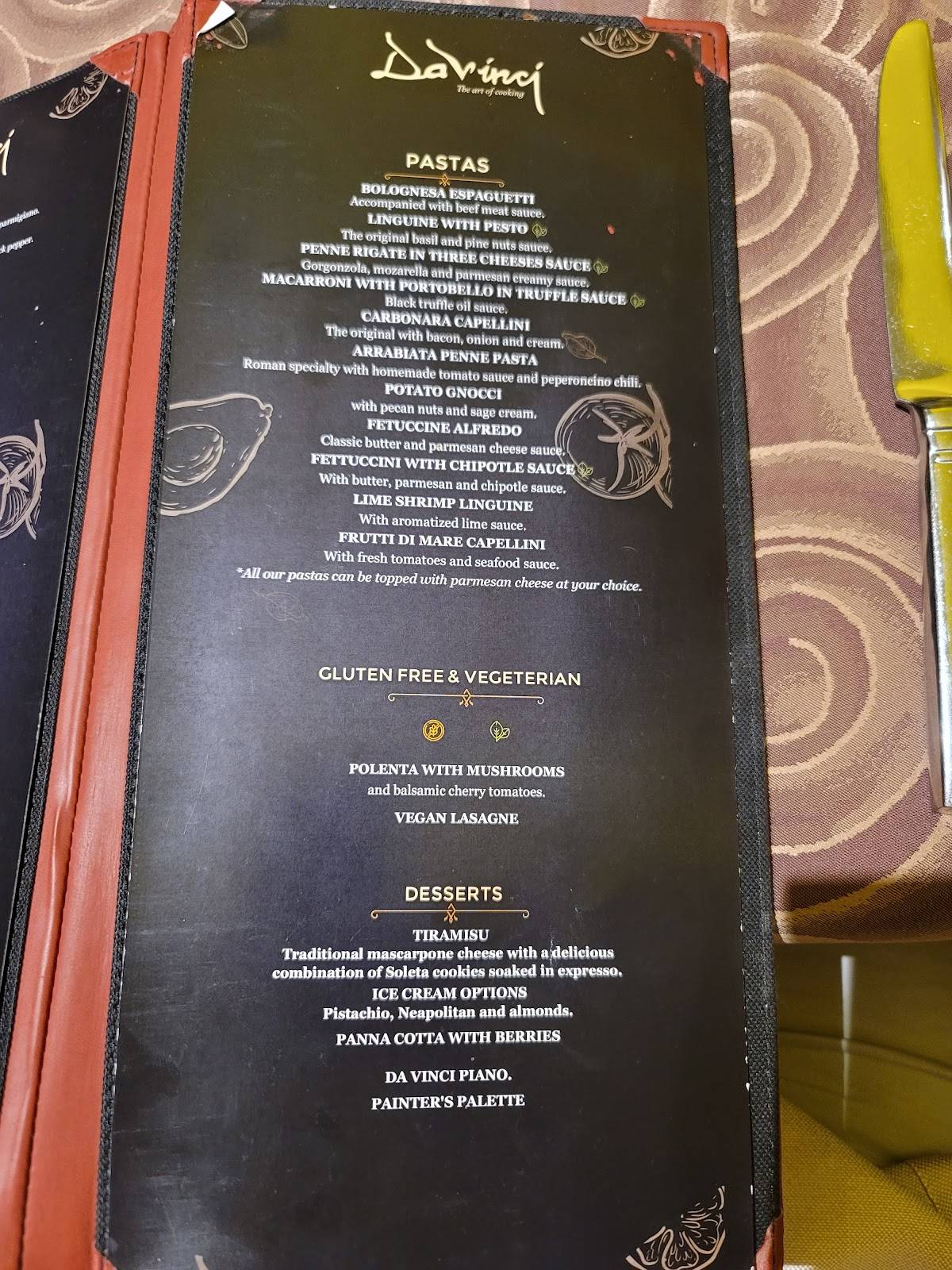 Menu at Da Vinci restaurant, Cancún, 36FG+Q5
