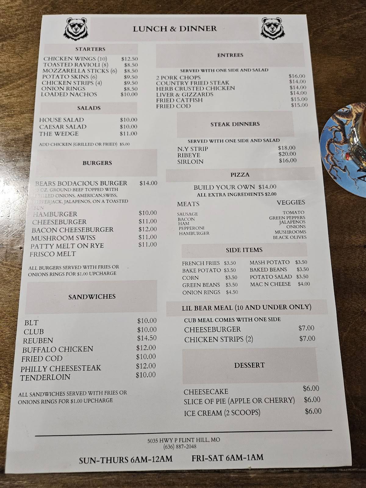 Menu at DaBears restaurant, Wentzville