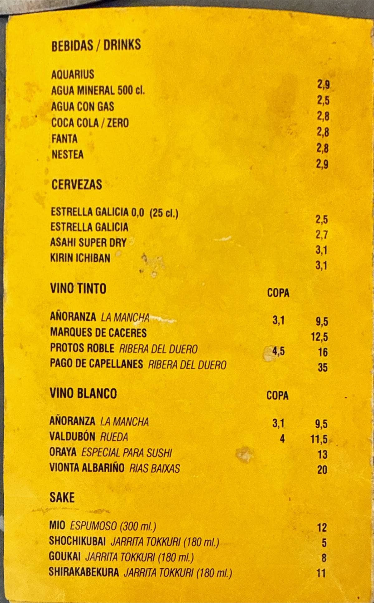 Carta del restaurante Daikichi Yakiniku, Alicante