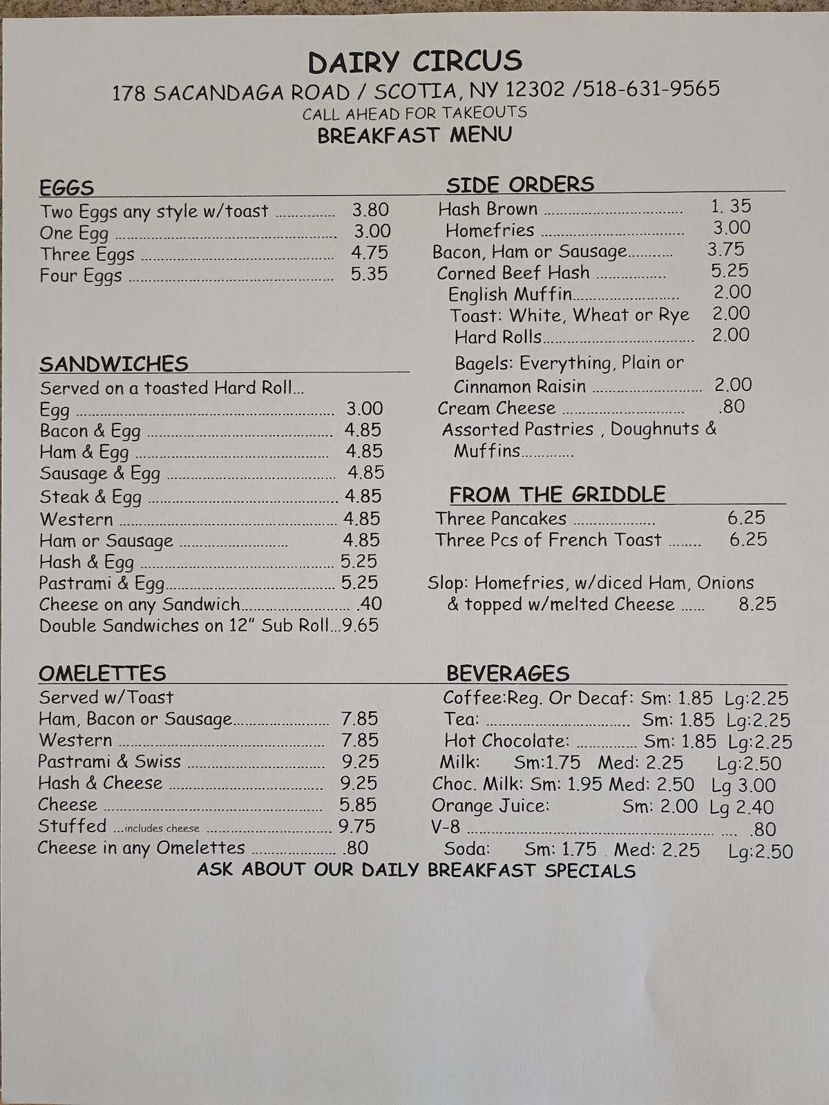 Menu at Dairy Circus restaurant, Scotia
