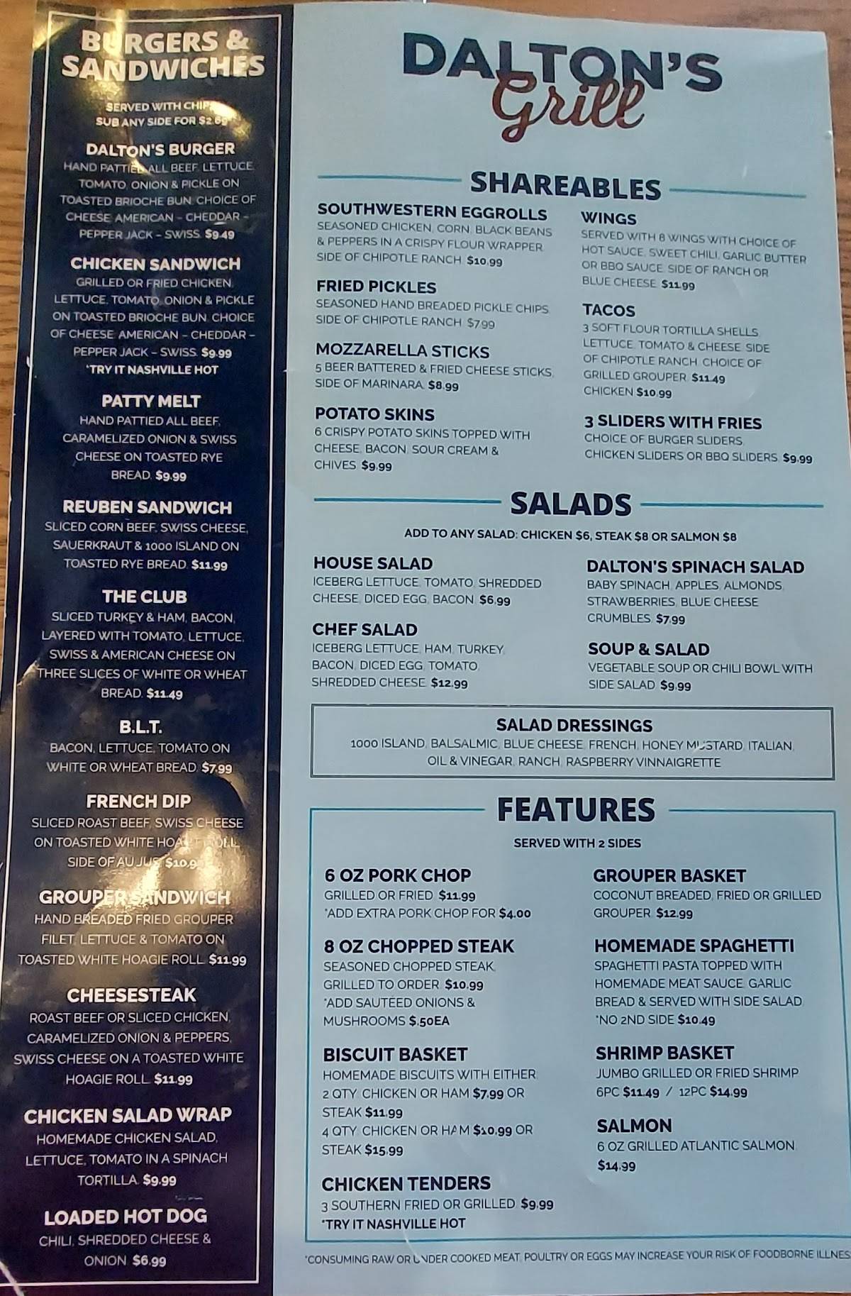 Menu at Dalton's Grill restaurant, Nashville