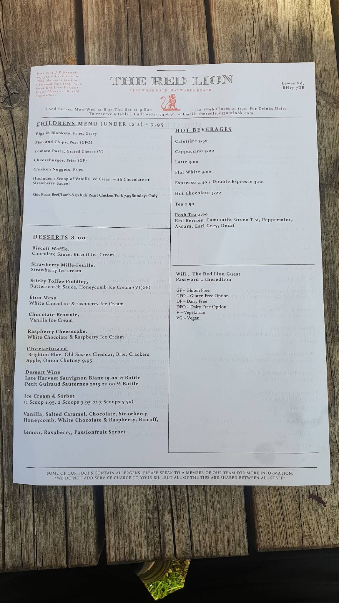 Menu at Red Lion pub & bar, Danehill
