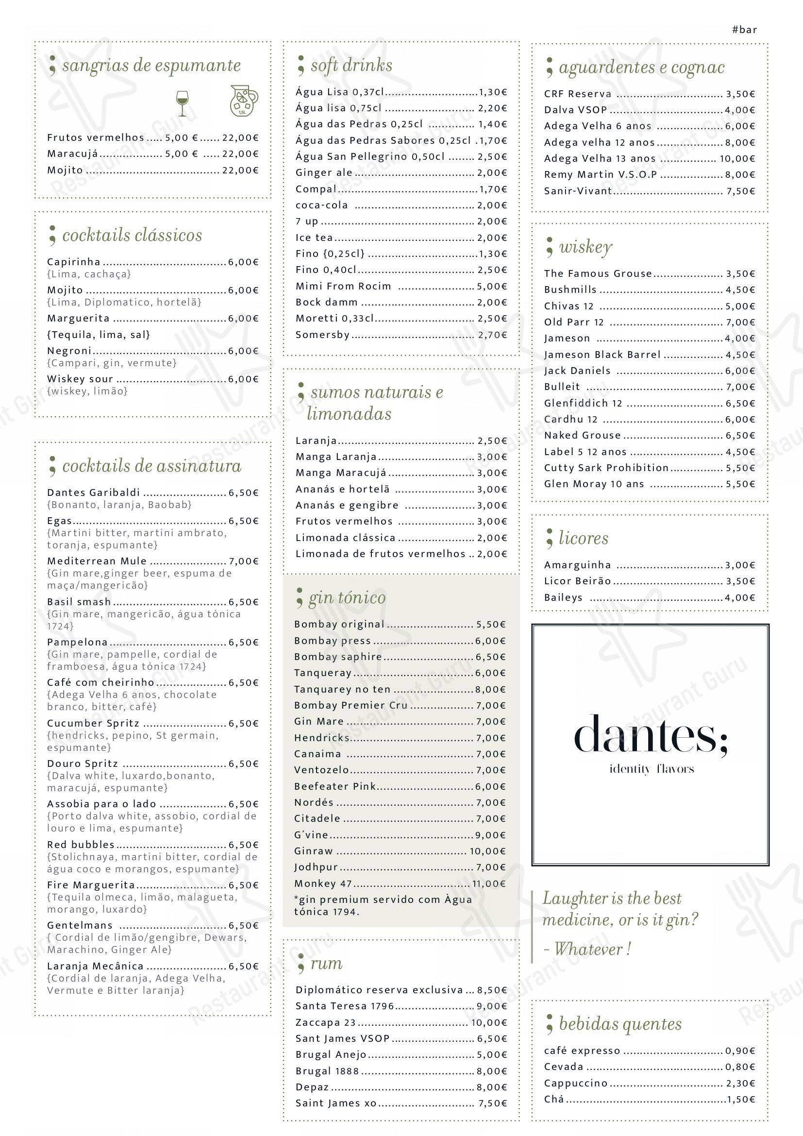 Menu em Dantes; Identity Flavors restaurante, Penafiel
