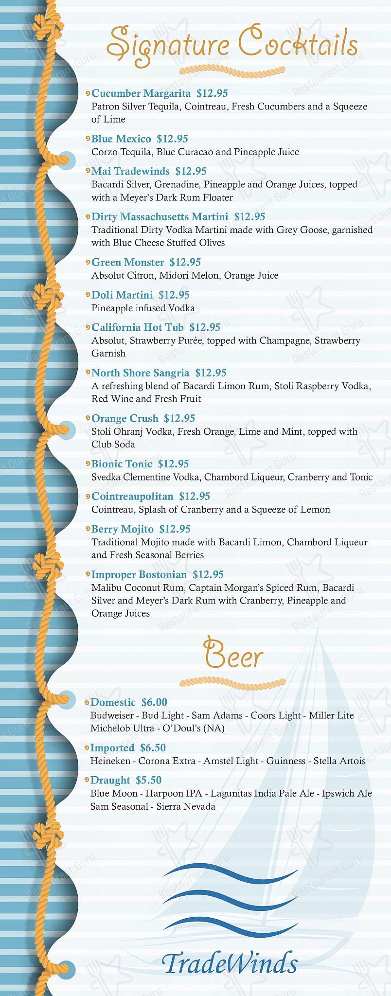 Menu at Tradewinds Lounge Bar, Danvers