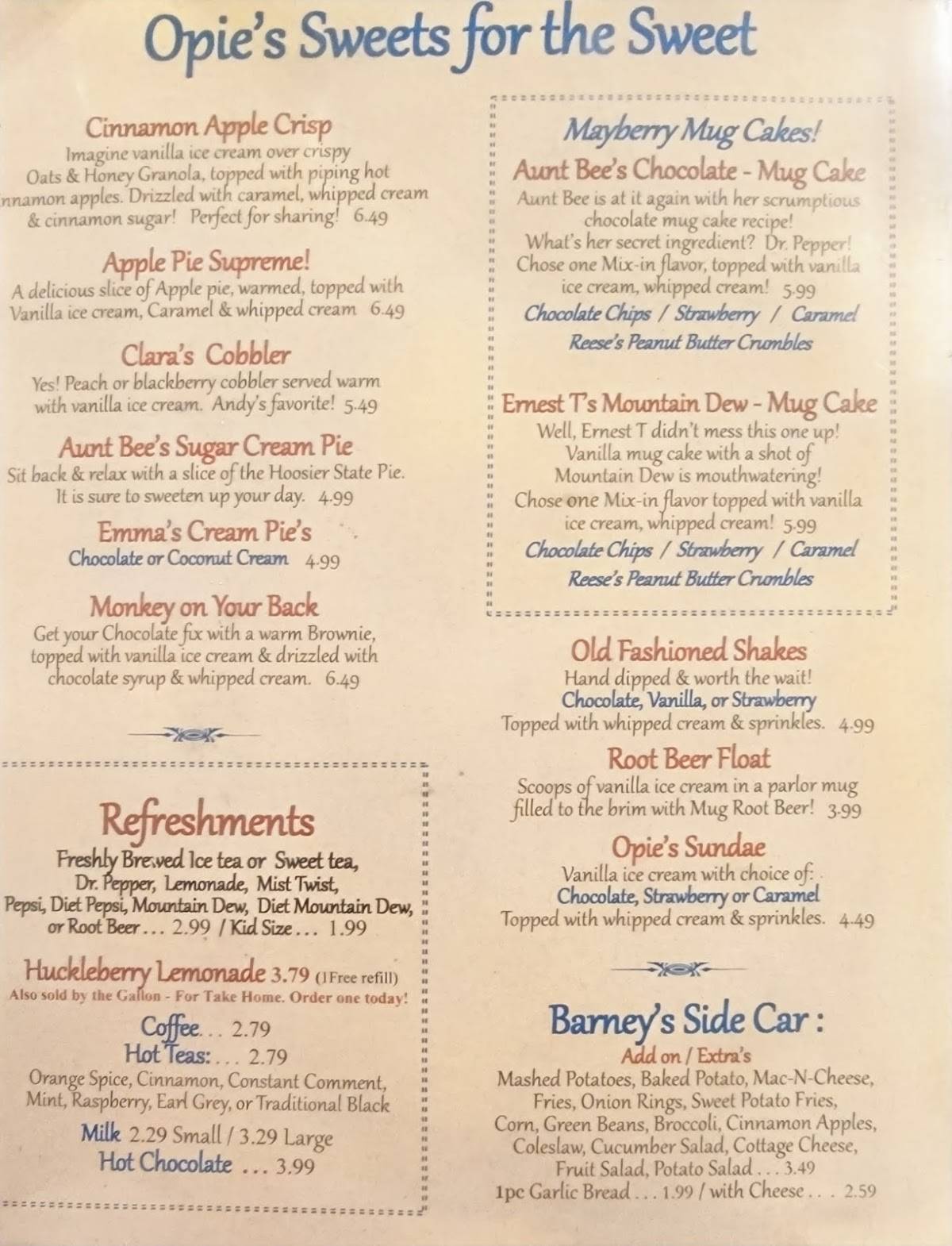 Menu at Mayberry Cafe, Danville