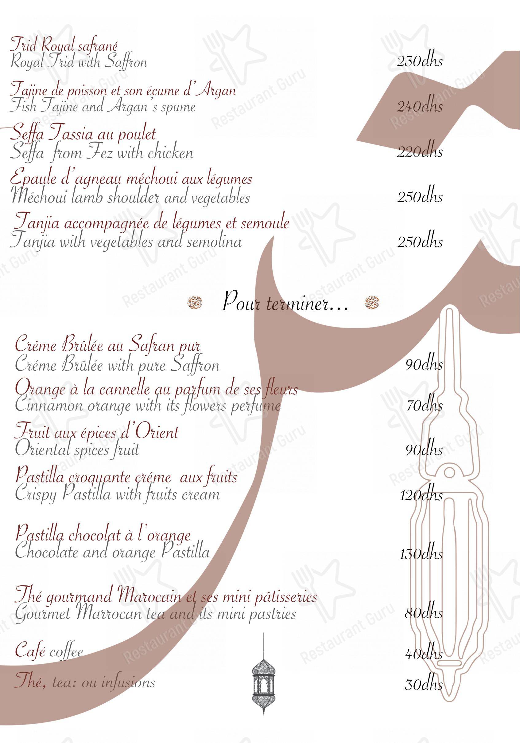 Carta del restaurante Dar Zellij, Marrakech, 1