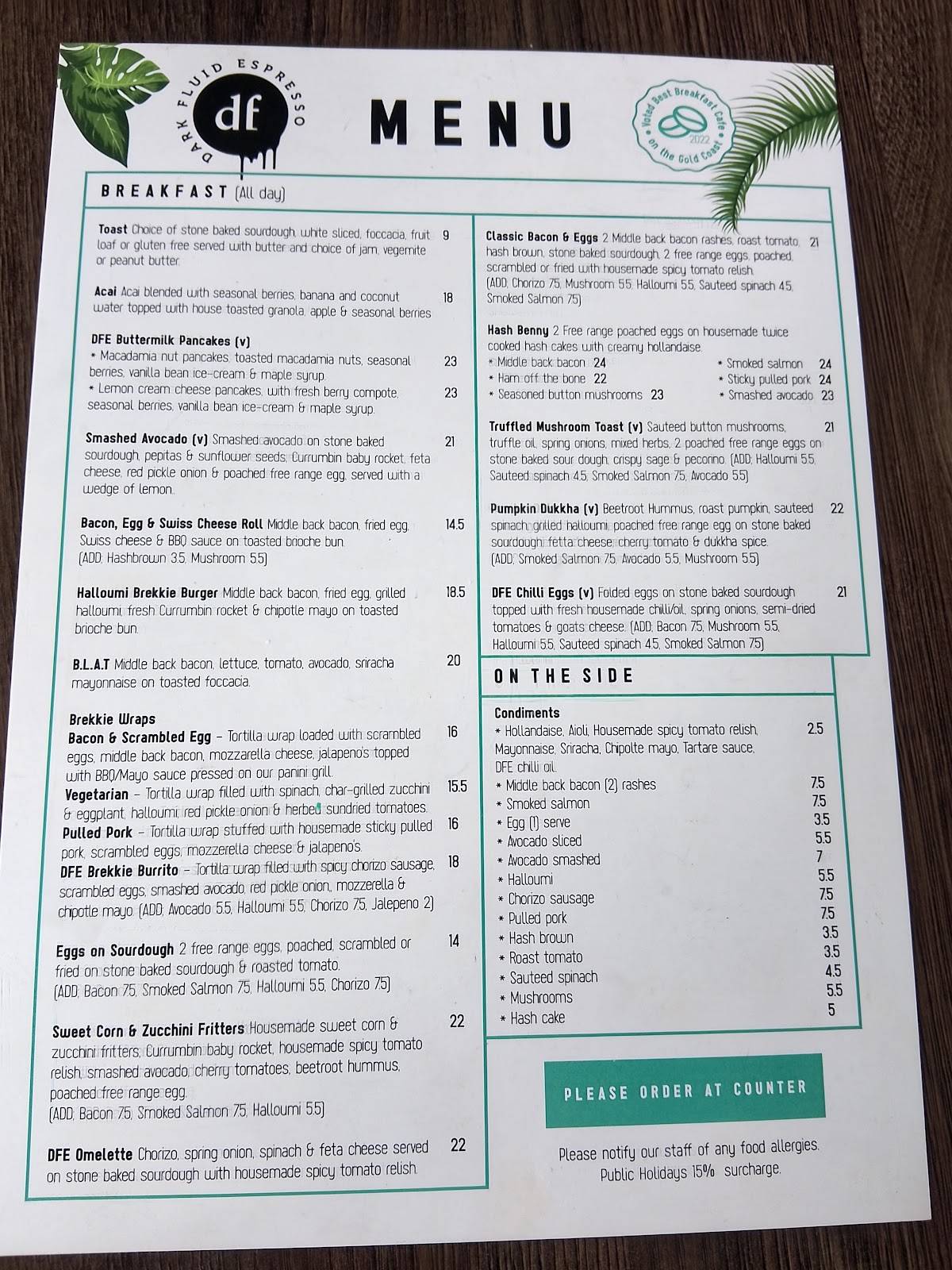 Menu at Dark Fluid Espresso cafe, Robina