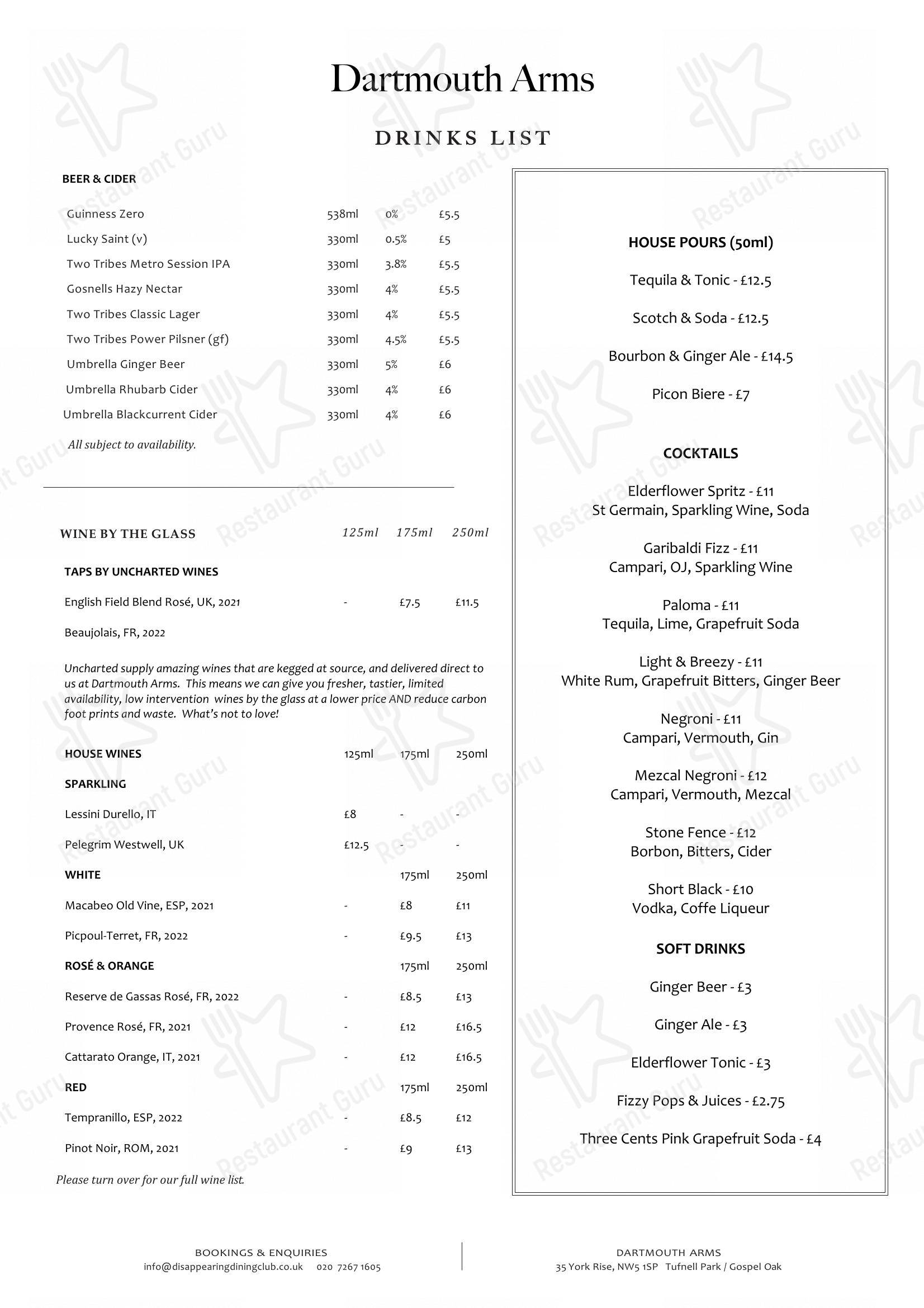 Menu at Dartmouth Arms pub & bar, London, 35 York Rise