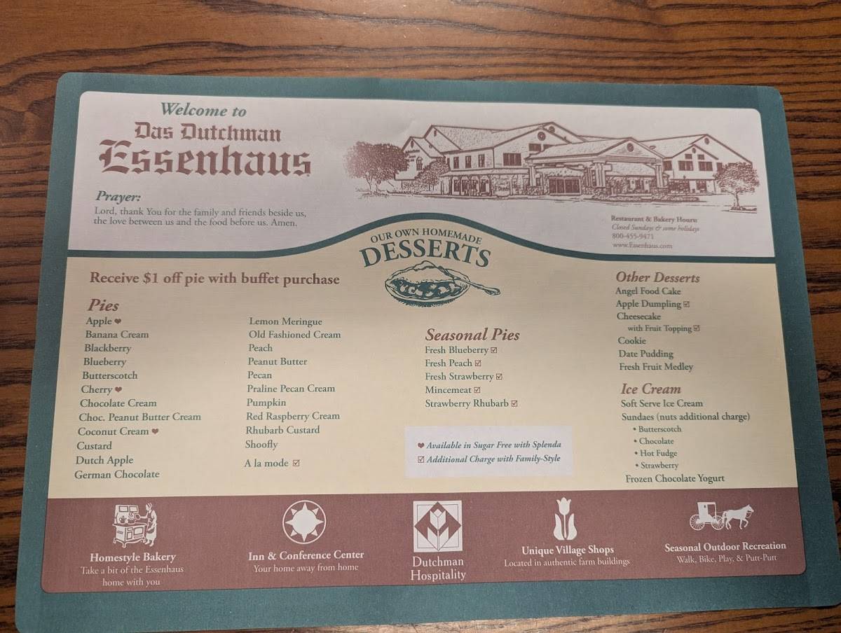 Menu at Das Dutchman Essenhaus restaurant, Middlebury, 240 US-20