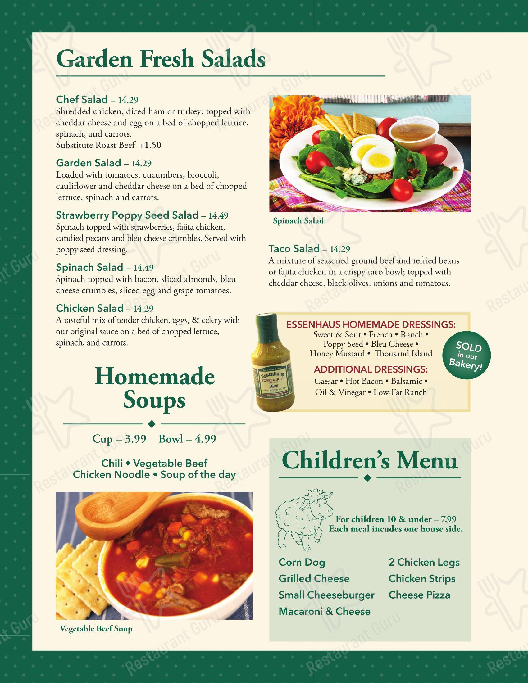 Menu at Das Dutchman Essenhaus restaurant, Middlebury, 240 US-20