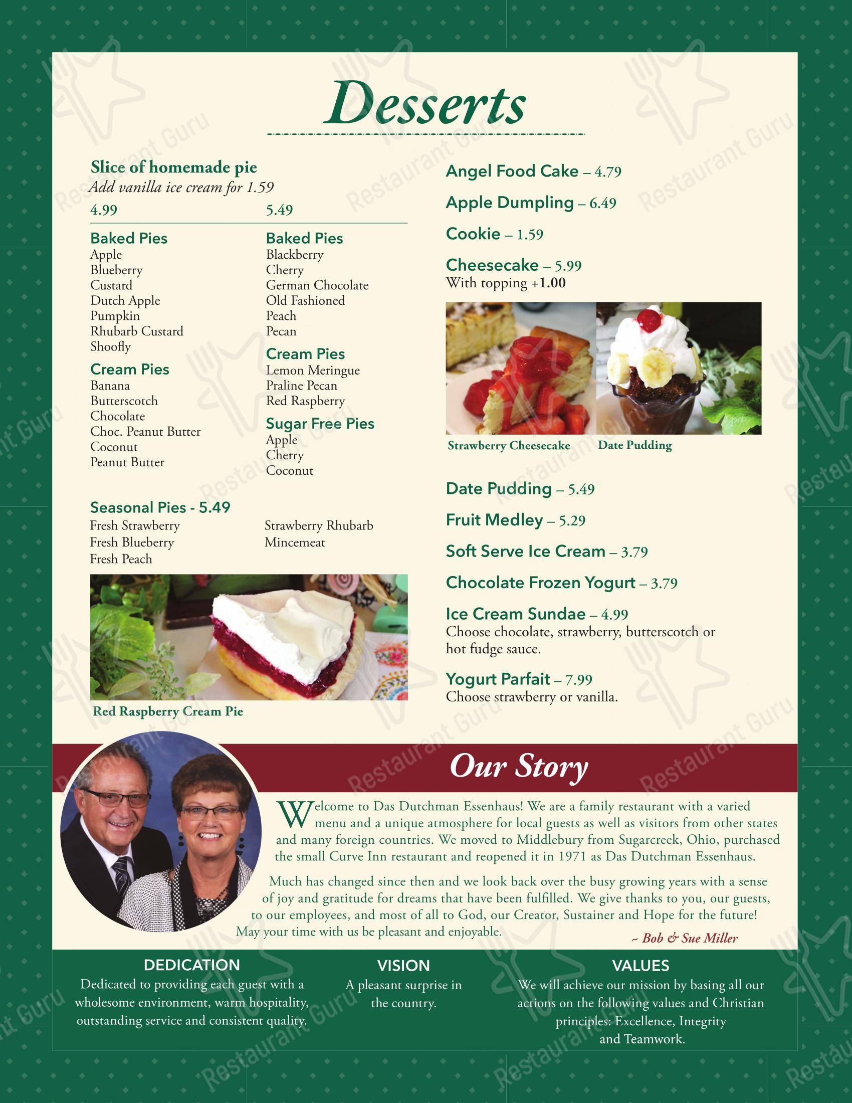 Menu at Das Dutchman Essenhaus restaurant, Middlebury, 240 US-20