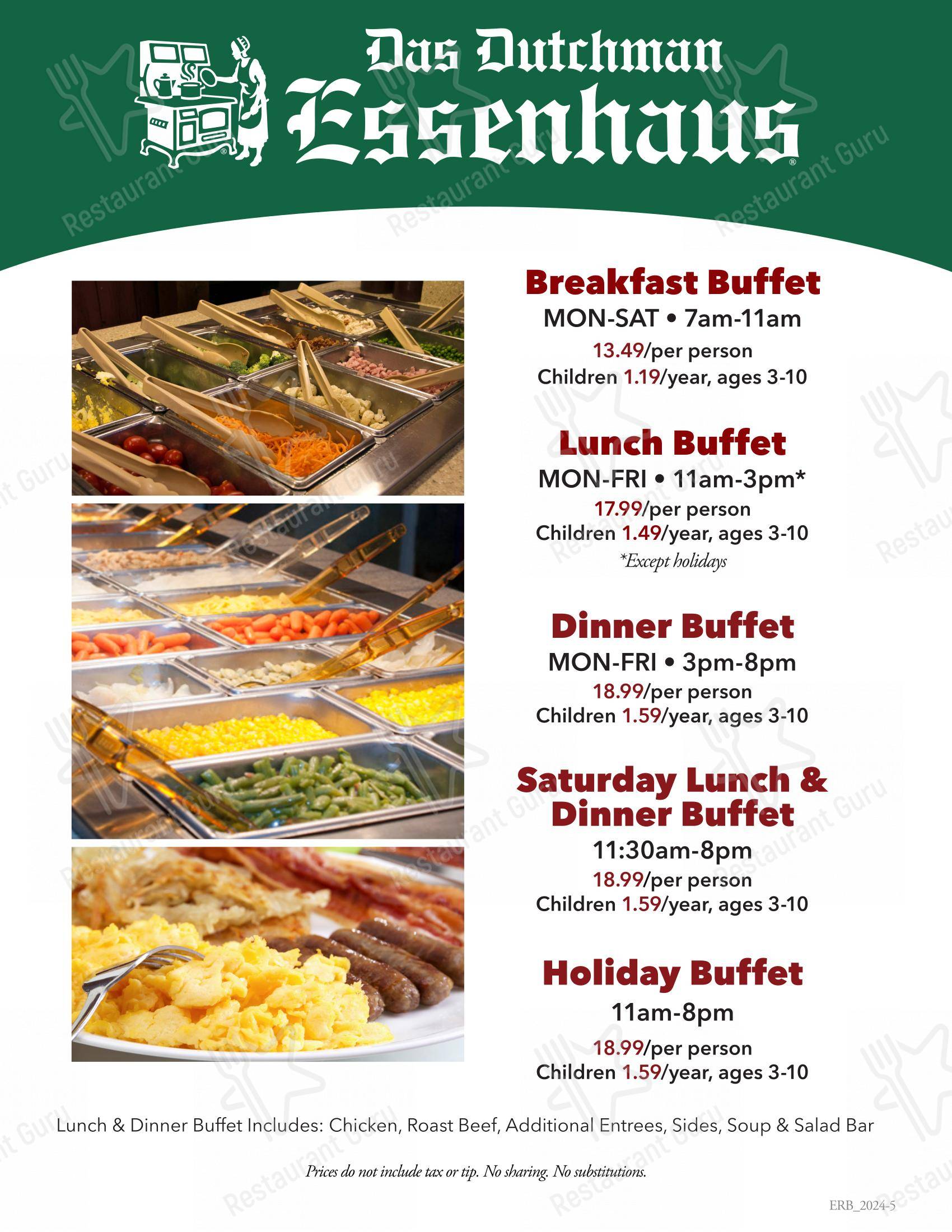 Menu at Das Dutchman Essenhaus restaurant, Middlebury, 240 US-20