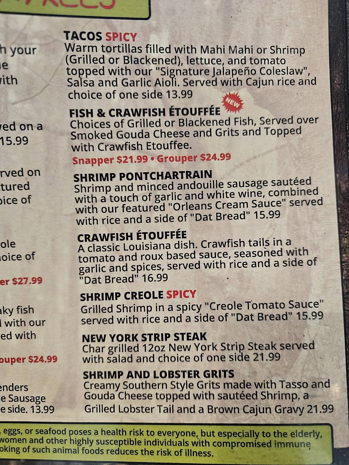 Menu at Dat Cajun Place Cafe, Panama City Beach, Thomas Dr