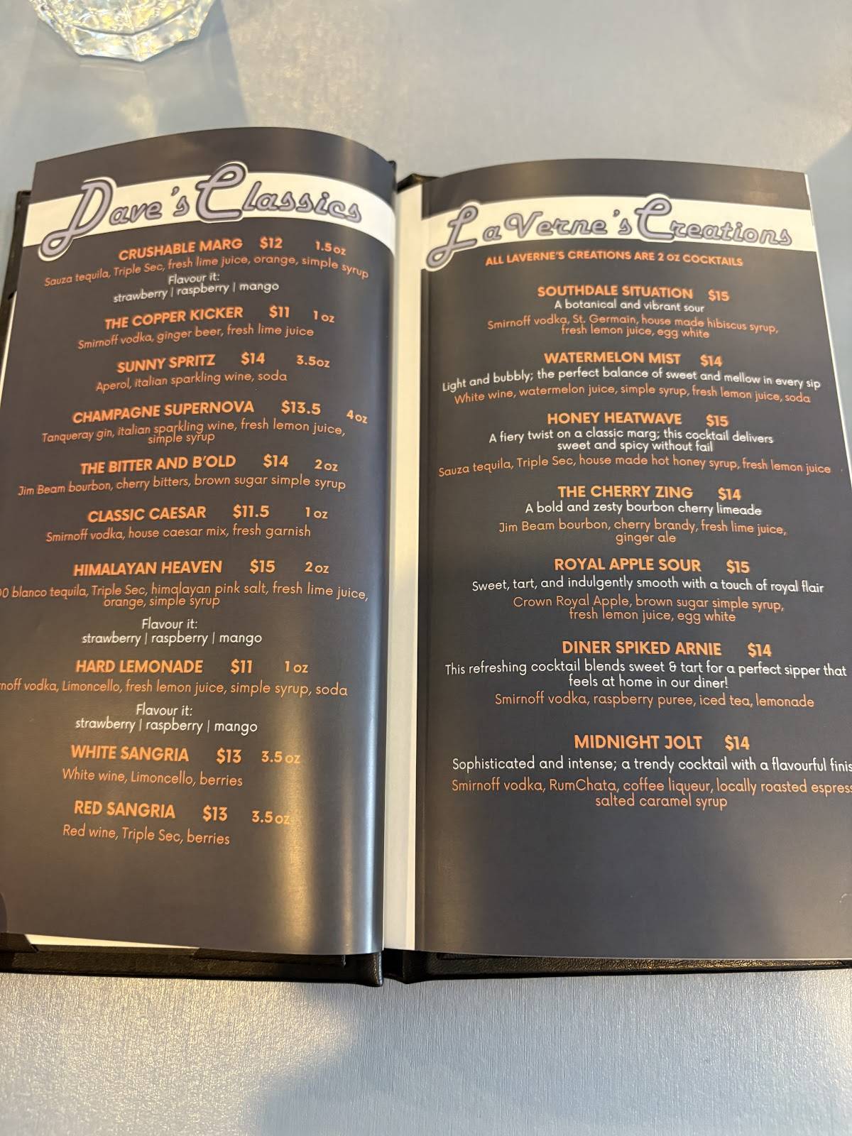 Menu at Dave and LaVerne's Modern Diner, Winnipeg