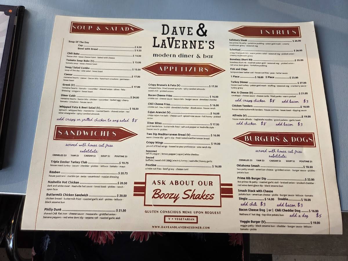 Menu at Dave and LaVerne's Modern Diner restaurant, Winnipeg